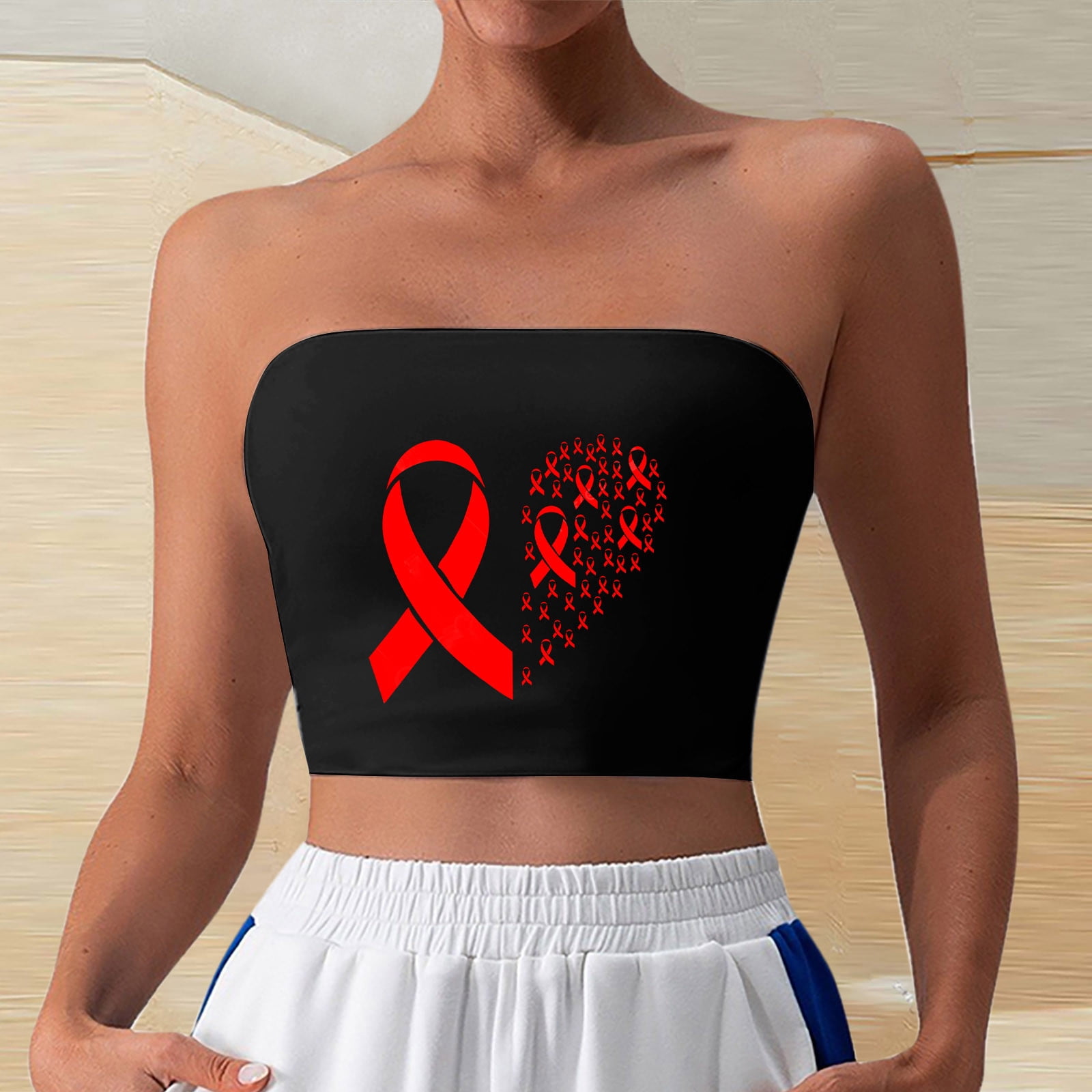 Njagoc3 2025 Print Tube Top Pink Ribbon Charity Strapless Bra for ...