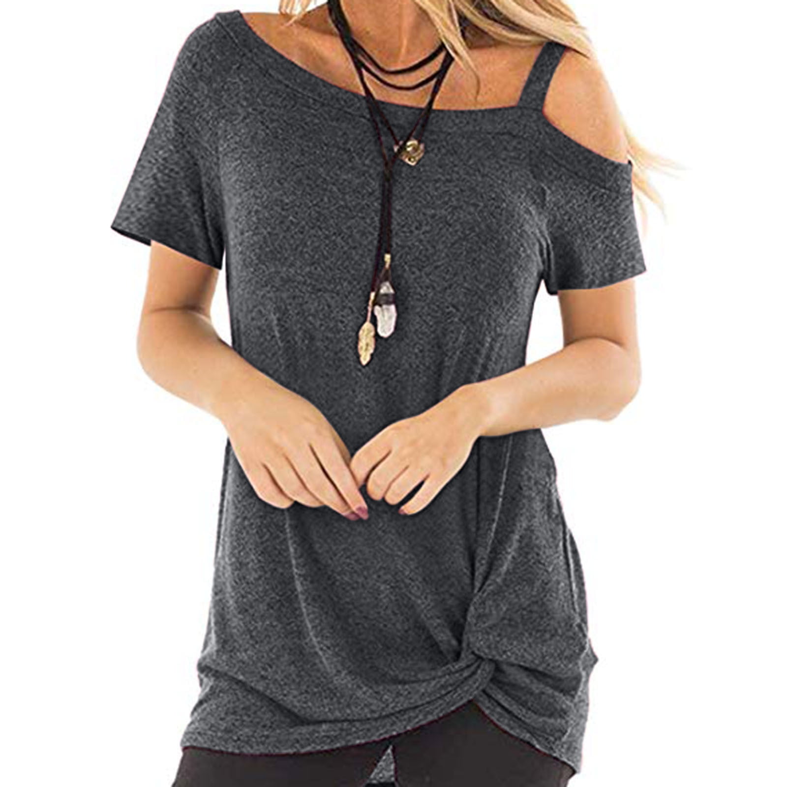 Njagoc3 2025 Summer Womens One-Shoulder Short Sleeve Twist Knot Detail Relaxed Fit Casual ...