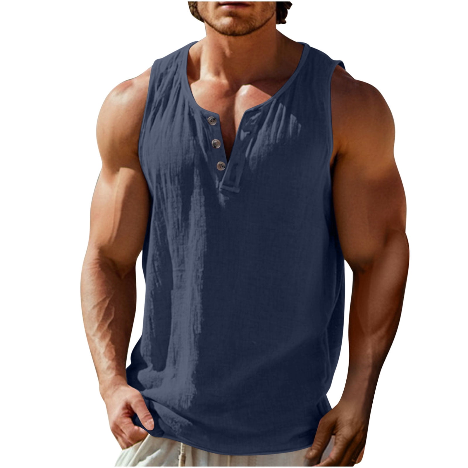 Njagoc3 Mens Sleeveless Button - Up Gym Tank, Regular Fit, Stretchy ...