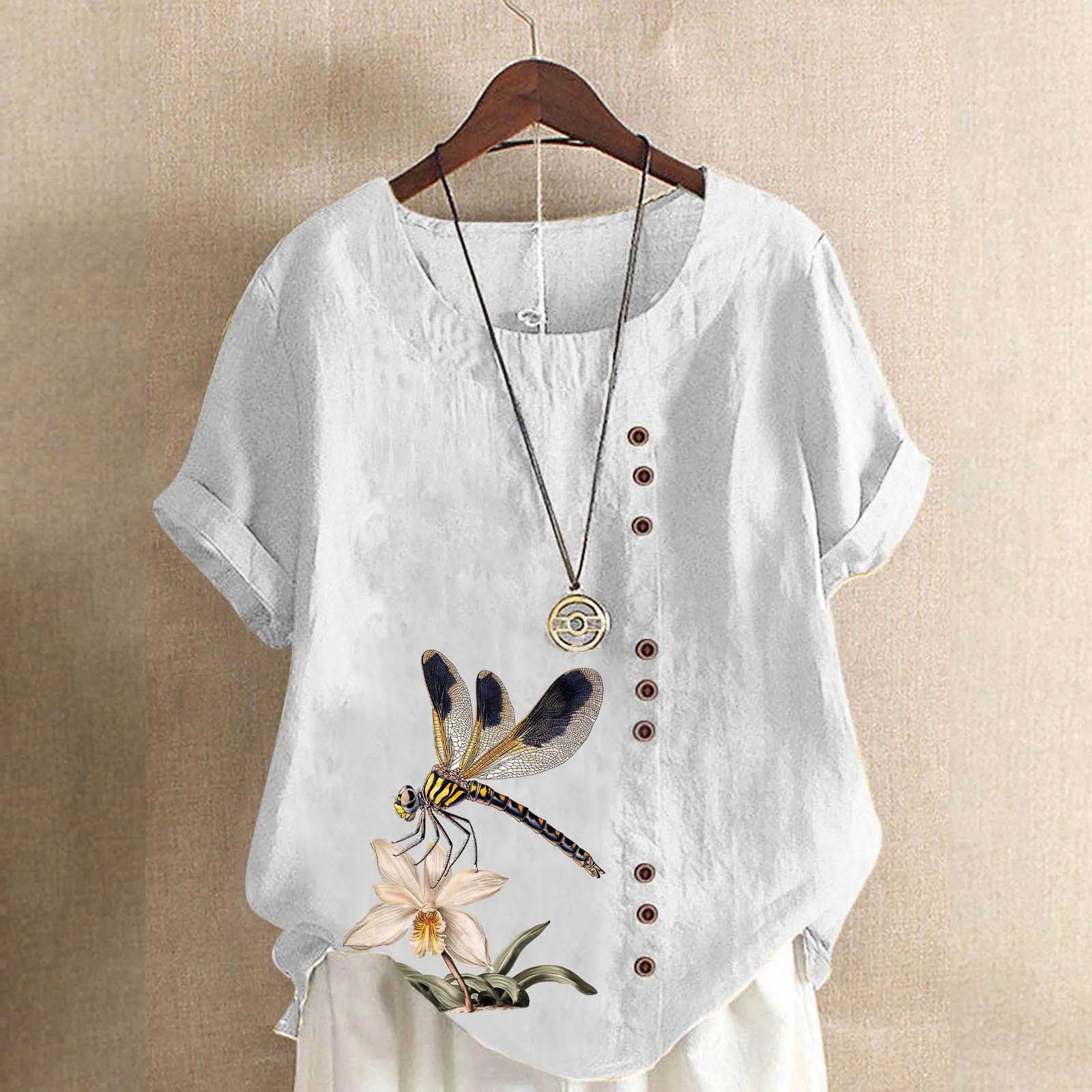 Njagoc3 Women's Cat-Print Short Sleeve Top with Necklace - Cute ...