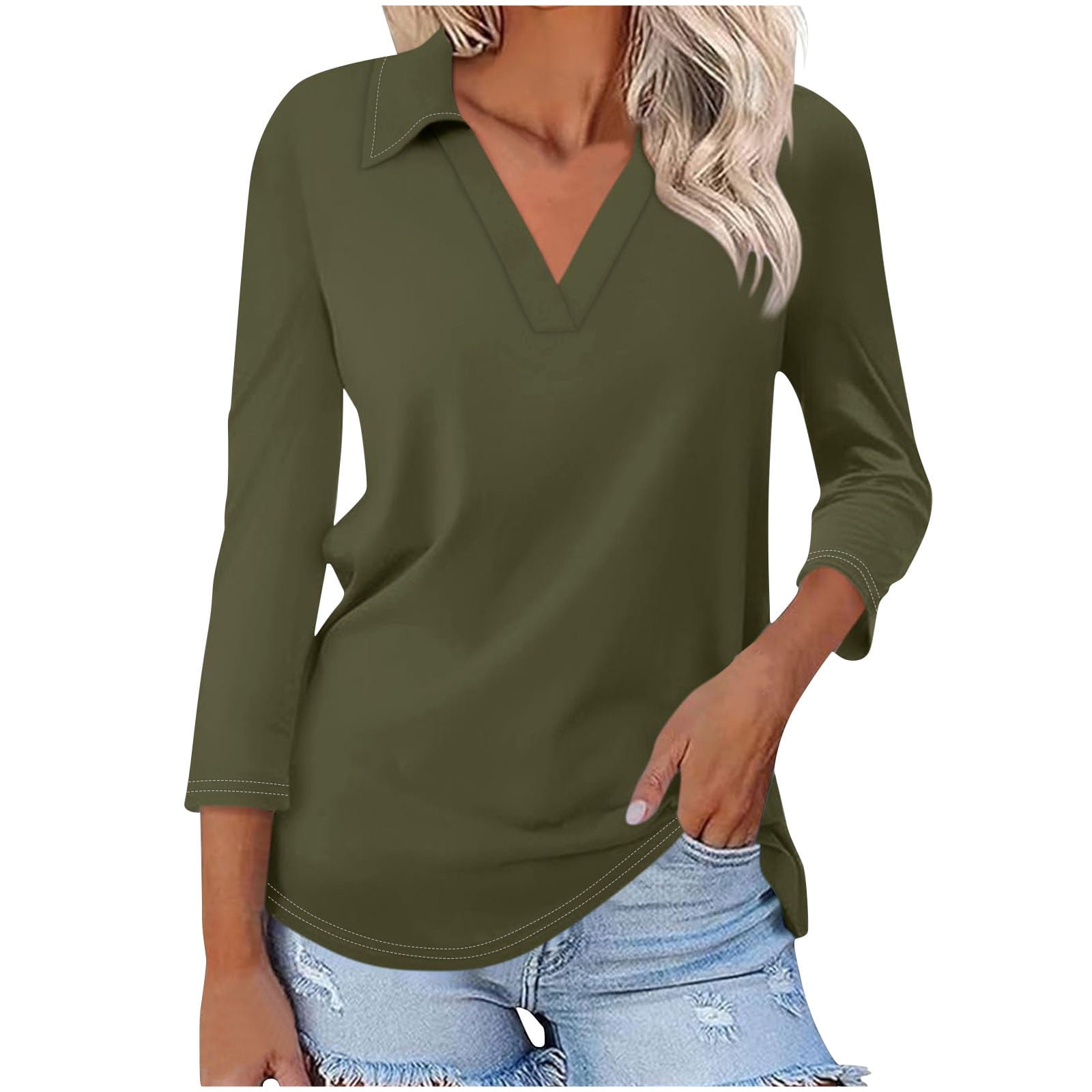 Njagoc3 Women's Collared 3/4 Sleeve Split-Hem Oversized Shirt,Army ...