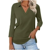 Njagoc3 Women's Collared 3/4 Sleeve Split-Hem Oversized Shirt,Army ...
