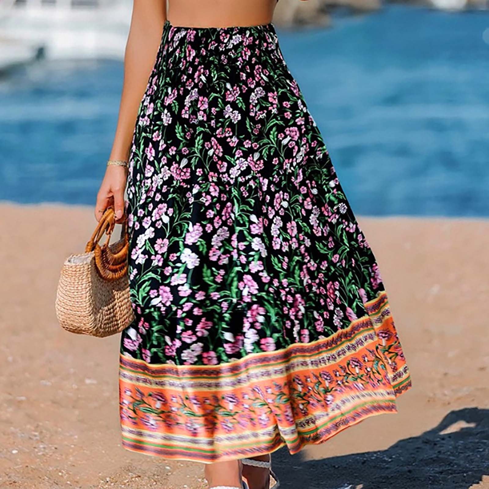 Njagoc3 Womens High - Waisted Flowy Boho - Floral Print Maxi Skirt ...