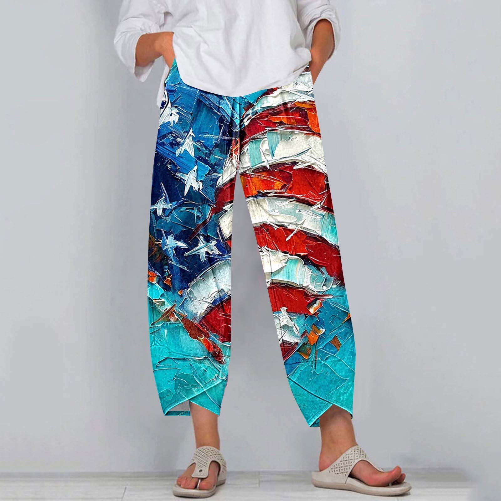 Njagoc3 Womens Patriotic Patchwork Print Harem Pants, Loose Fit, Soft ...