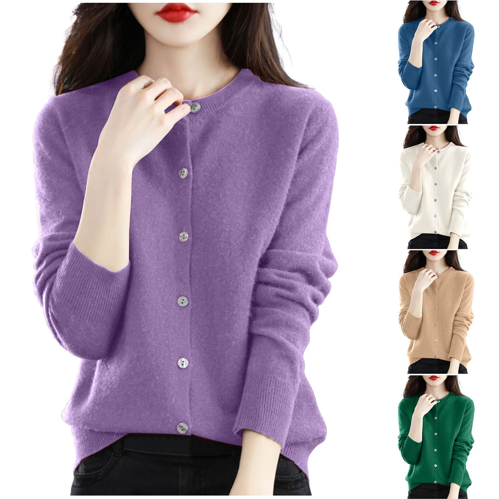 Njagoc3 Womens Thin Cardigan Sweater Tops Solid Color Long Sleeve Round ...