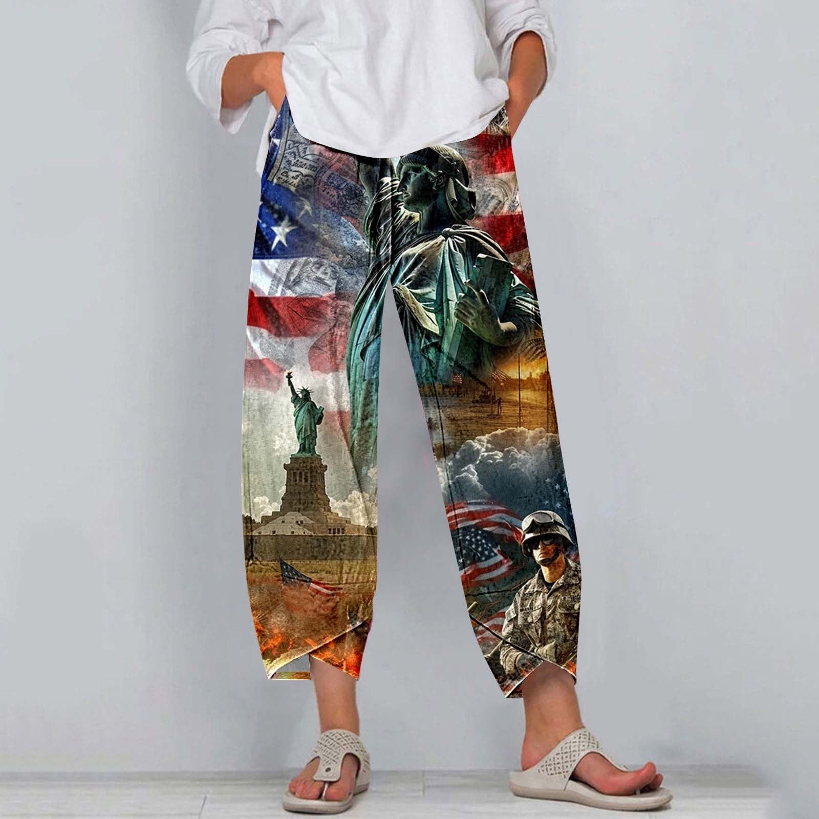 Njagoc3 Womens Vintage Patriotic Collage Harem Pants, Loose Fit, Soft ...