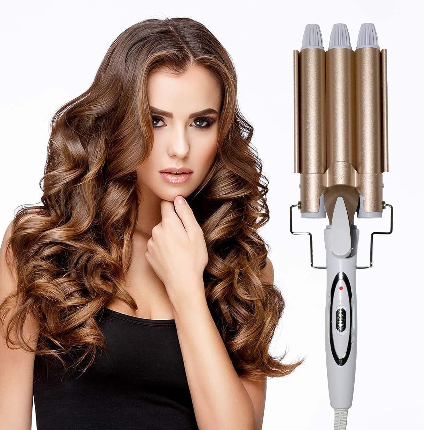Njide3 Barrel Curling Iron Wand-Triple Hair Waver for Beach Waves Set, 1 Inch Ceramic Tourmaline ...
