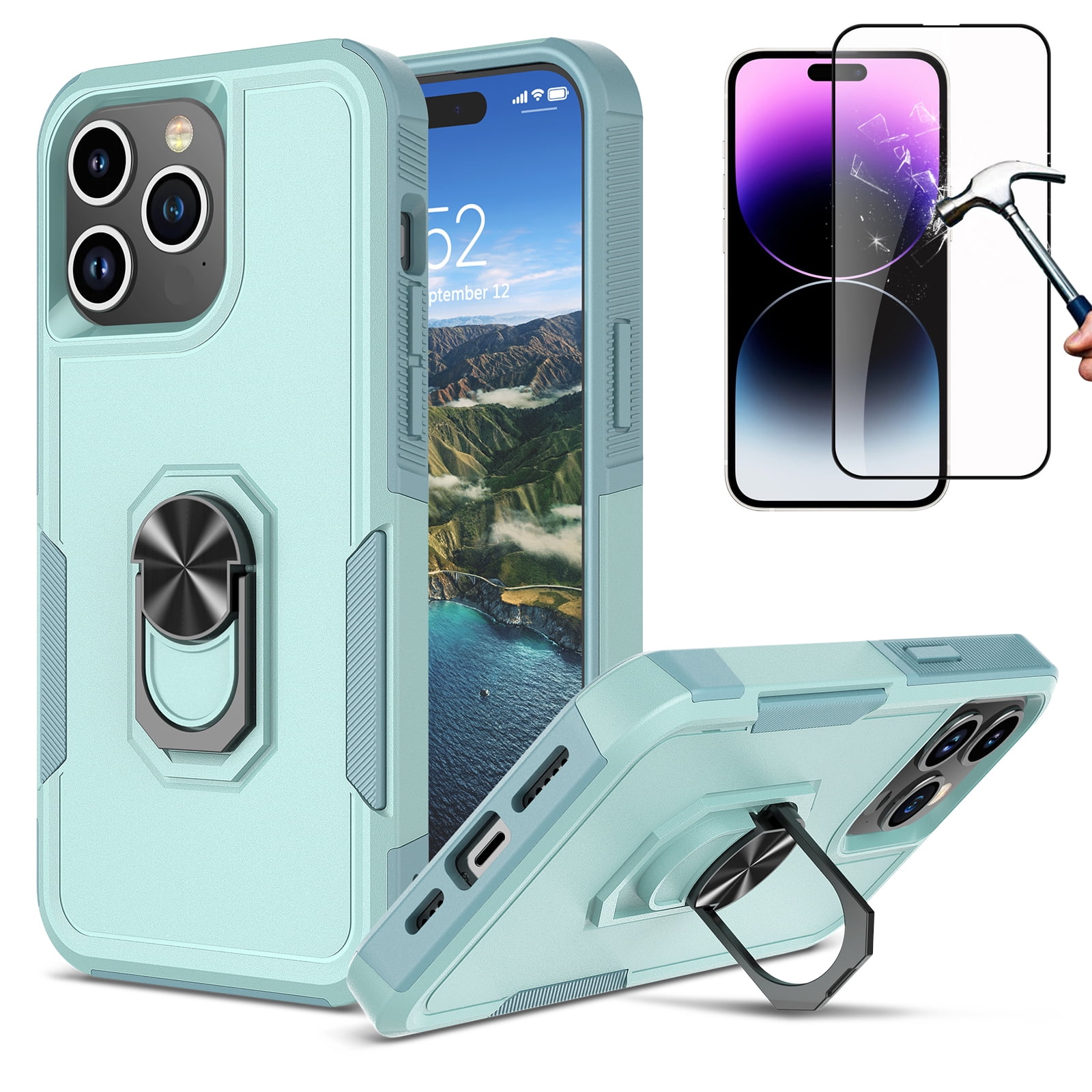 Njjex for iPhone 15 Plus Phone Case with Rotatable Ring Holder [Bulit-in Kickstand],360°Full ...