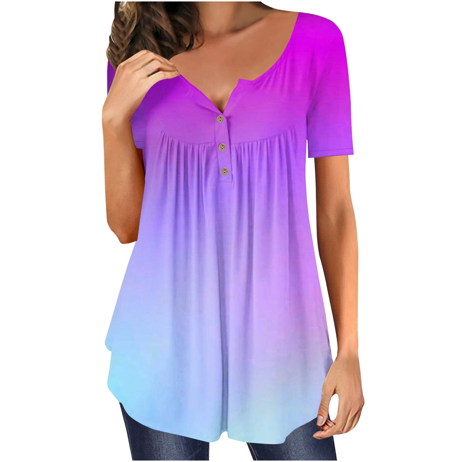 Njoeus 2024 Womens Summer Tops Print Short Sleeve T Shirts Button V