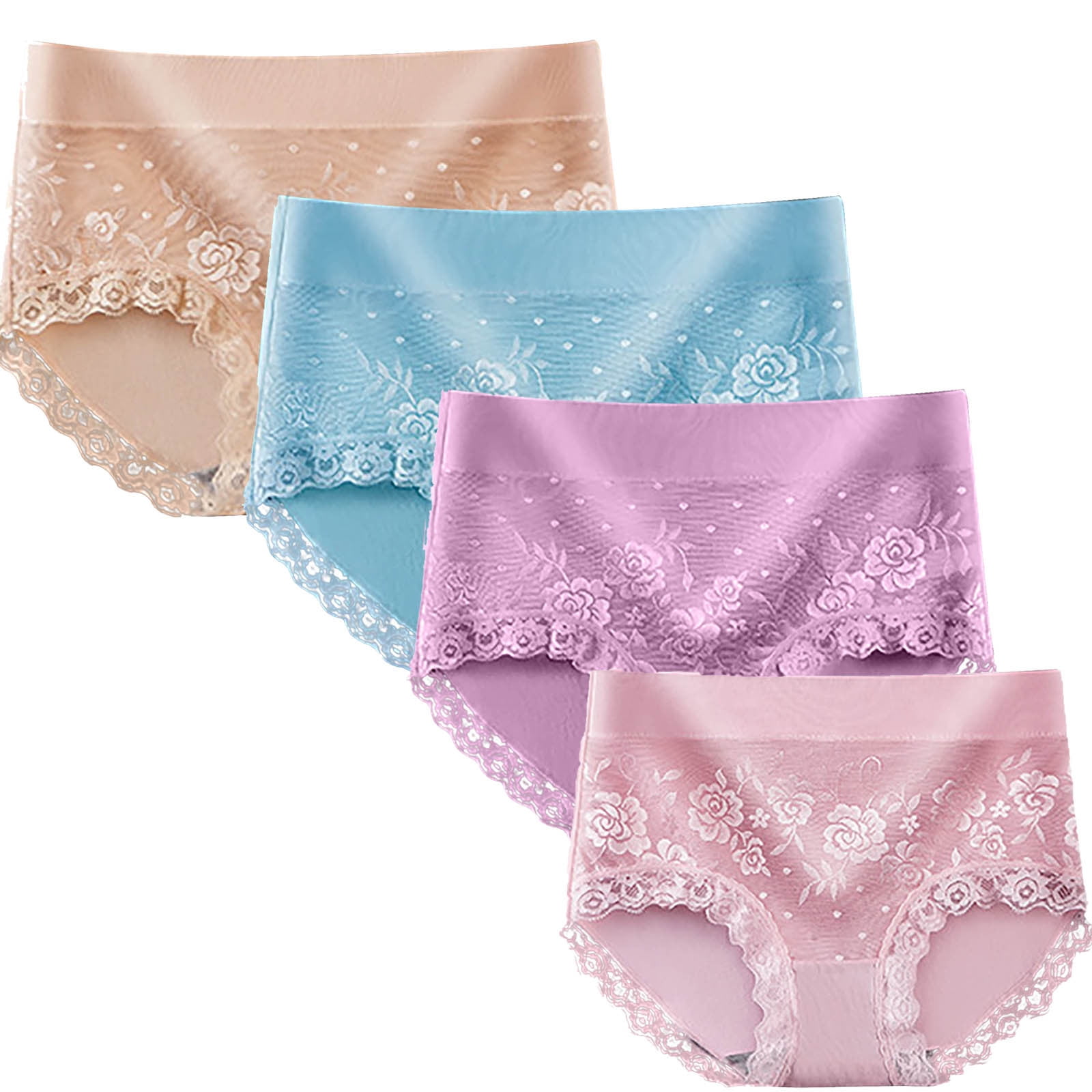 Njoeus 4Pc Women's Plus Size Cotton Underwear Plain Floral High Waisted ...