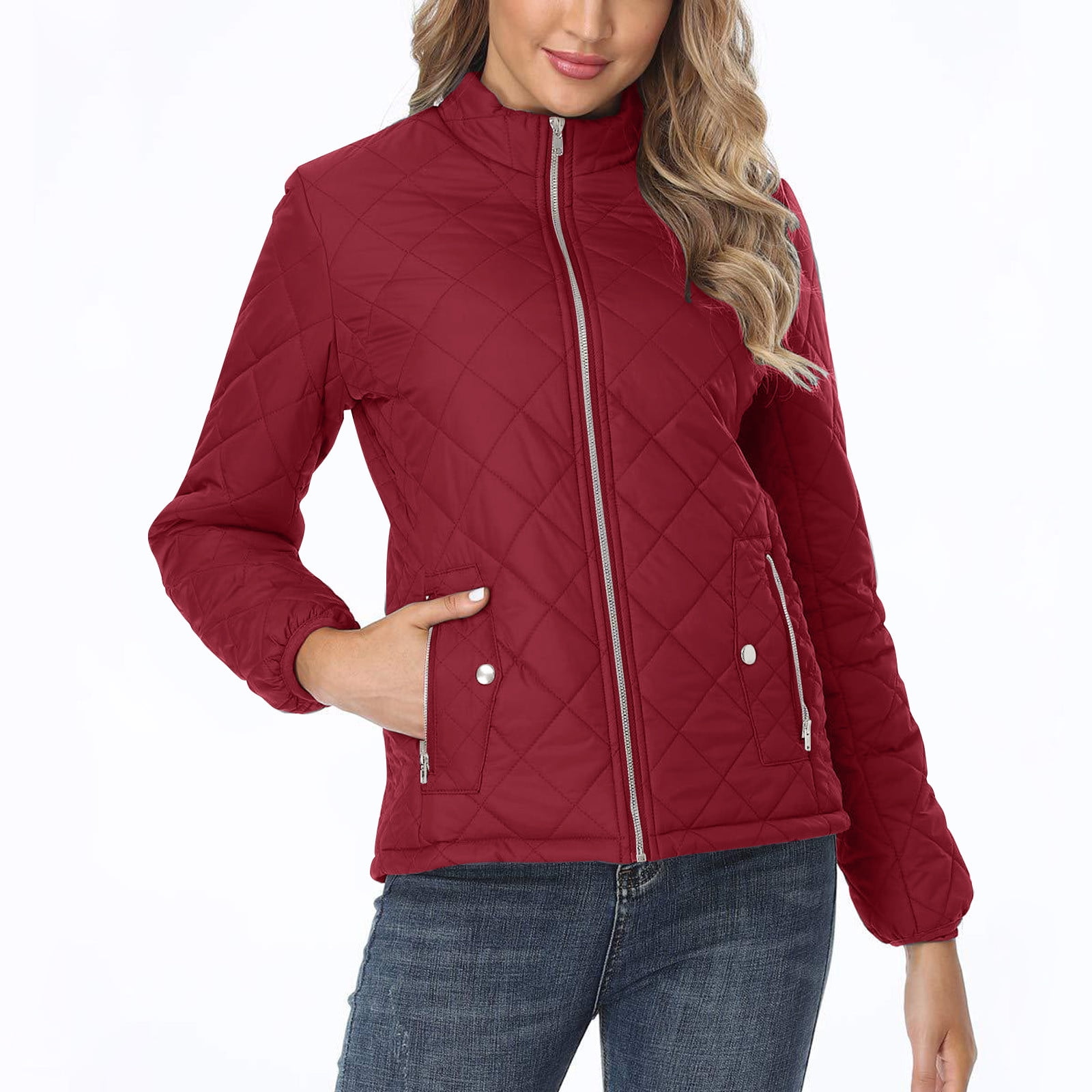 Njoeus Diamond Quilted Jacket for Women Stand Collar Lightweight Puffer ...