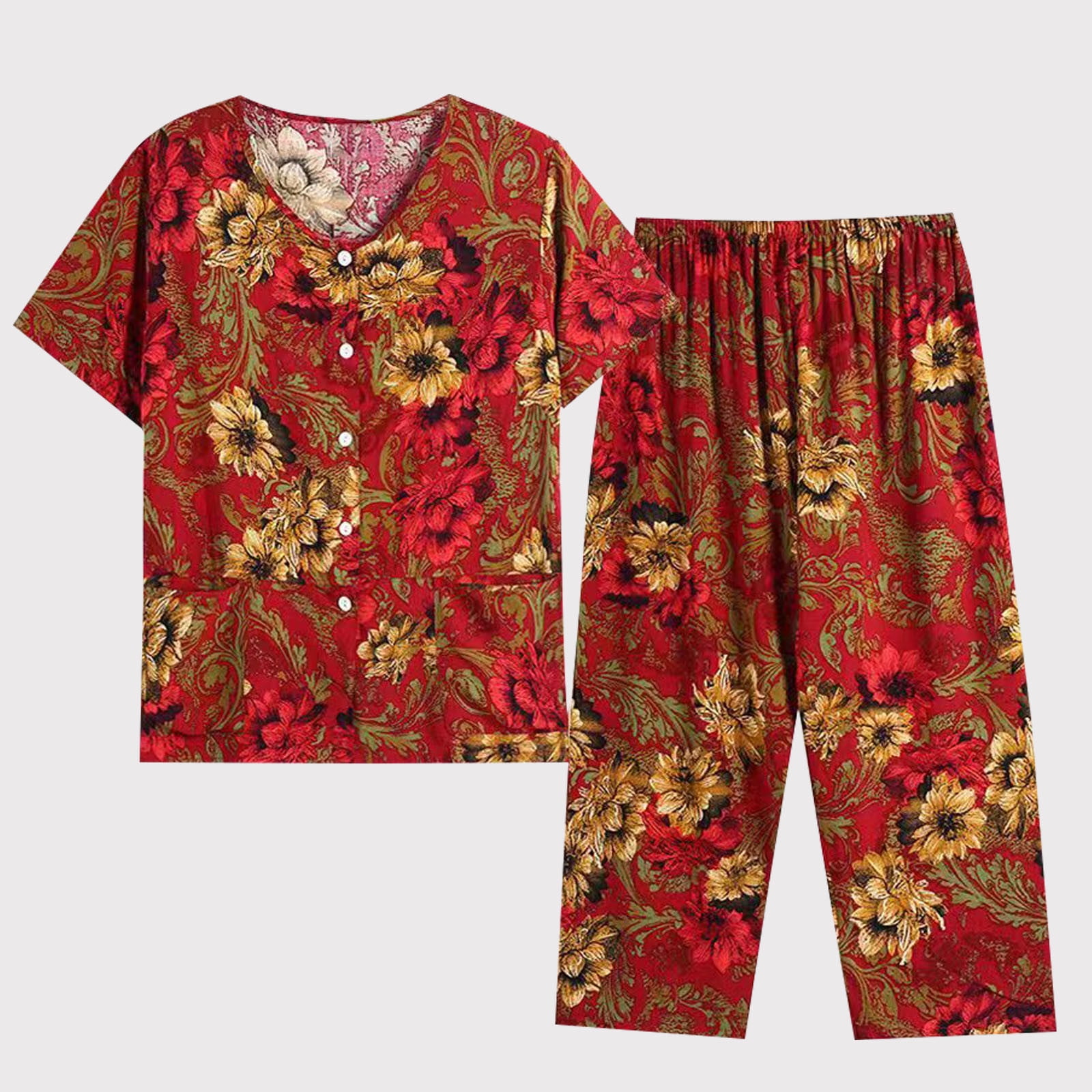 Njoeus Floral Capris Pajamas Set Women 2 Piece Short Sleeve Button-Down Shirt and Capris Pants ...