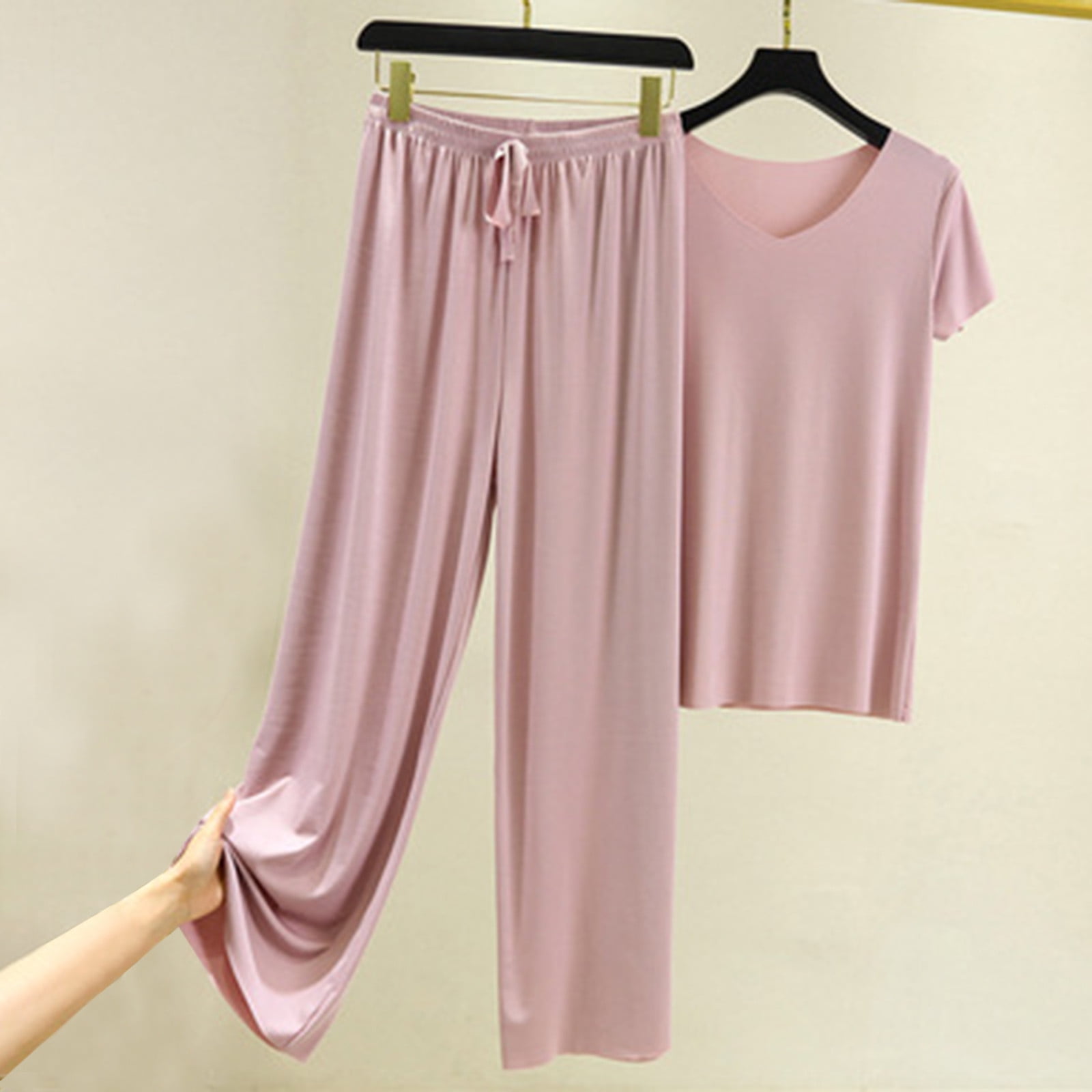 Njoeus Ice Silk Pajama Sets for Women 2 Piece Sleepwear Women Short Sleeve Tops and Long Pants ...