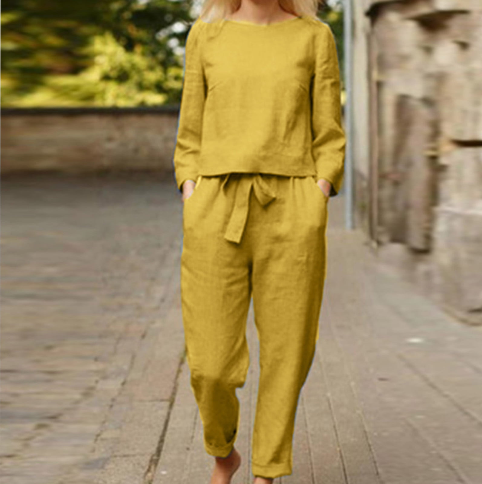 Njoeus Linen Set for Women Fashion Outfits 2 Piece Long Sleeve Crewneck ...