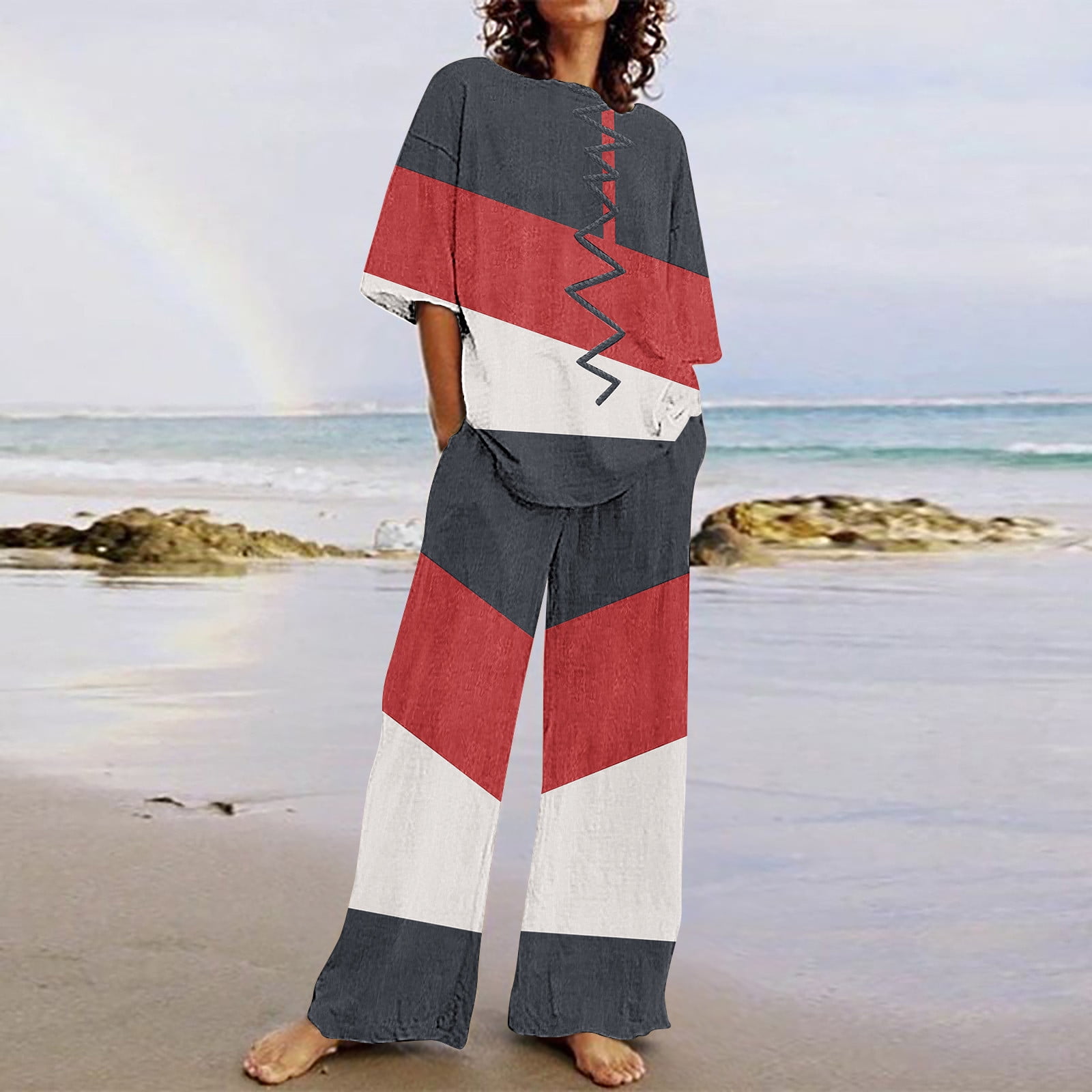 Njoeus Lounge Linen Sets for Women, Women's Fashion Color Block Long ...