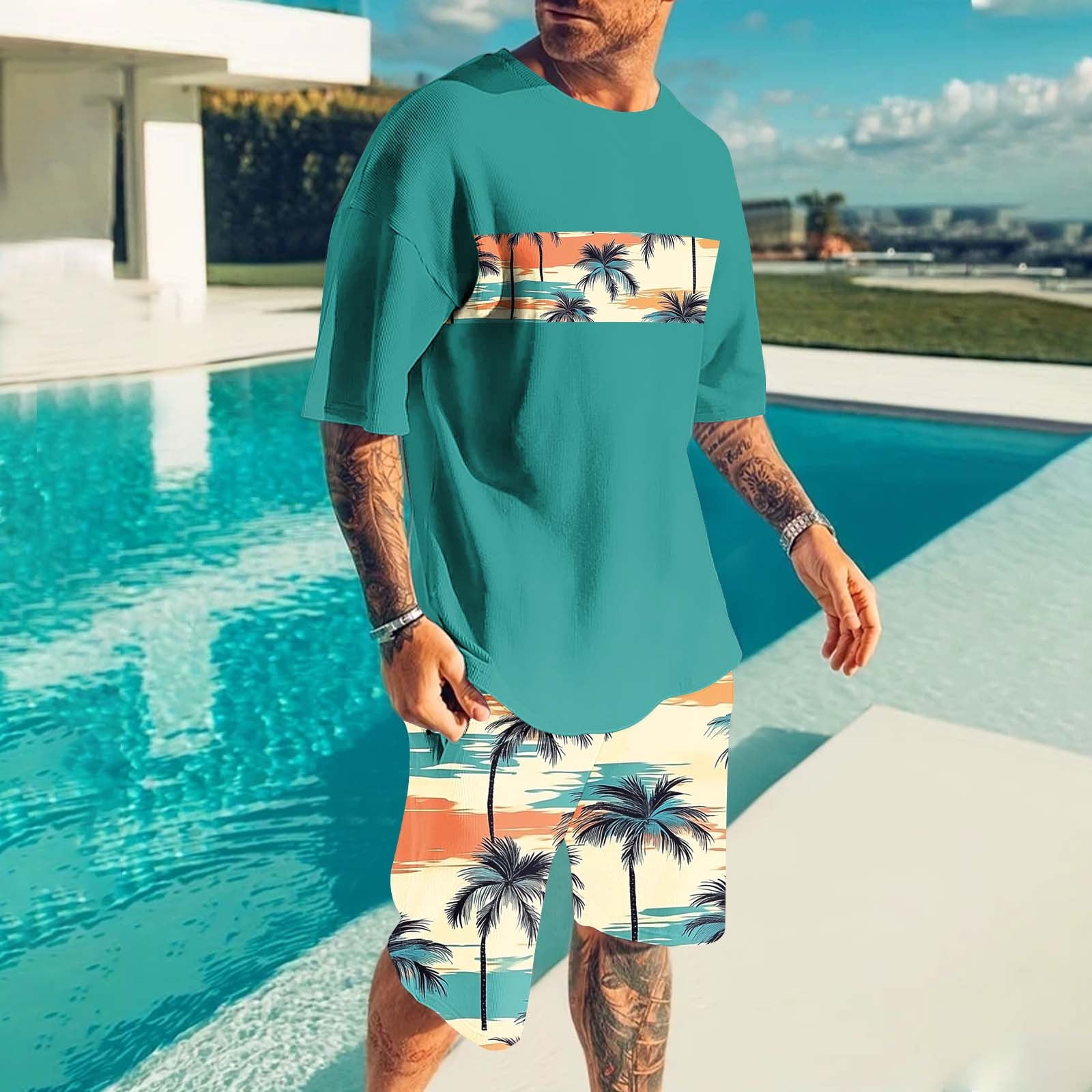 Njoeus Men Short Sets 2 Piece Beach Outfits Summer Hawaiian Short ...