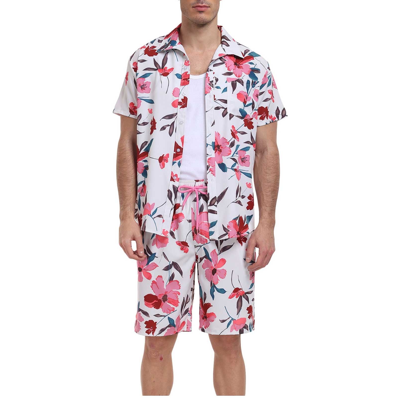 Njoeus Men's Floral Print Hawaiian Shirt and Shorts Matching Sets 2 ...