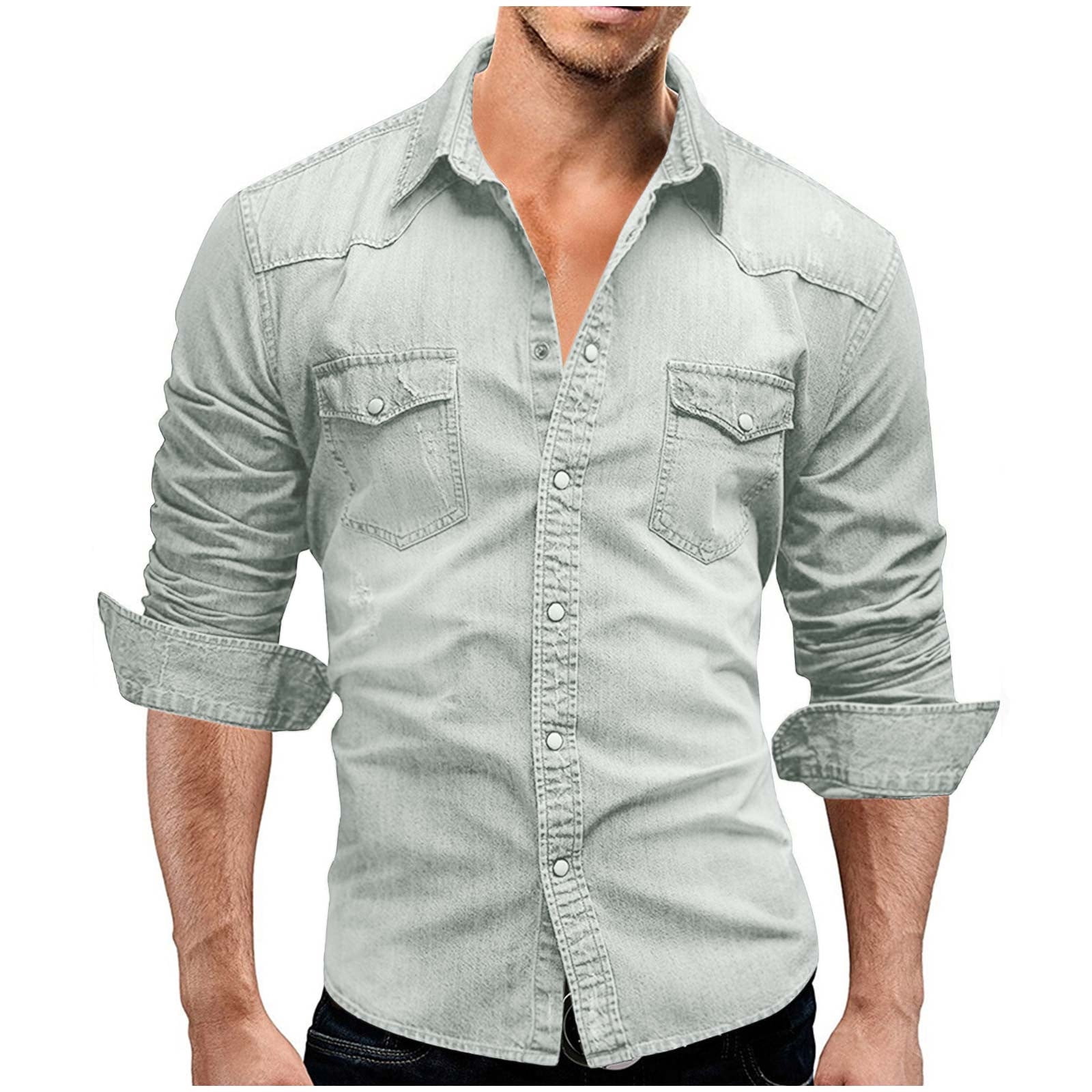 Njoeus Men's Long Sleeve Denim Shirt Button Up Jean Shirt Basic Regular ...