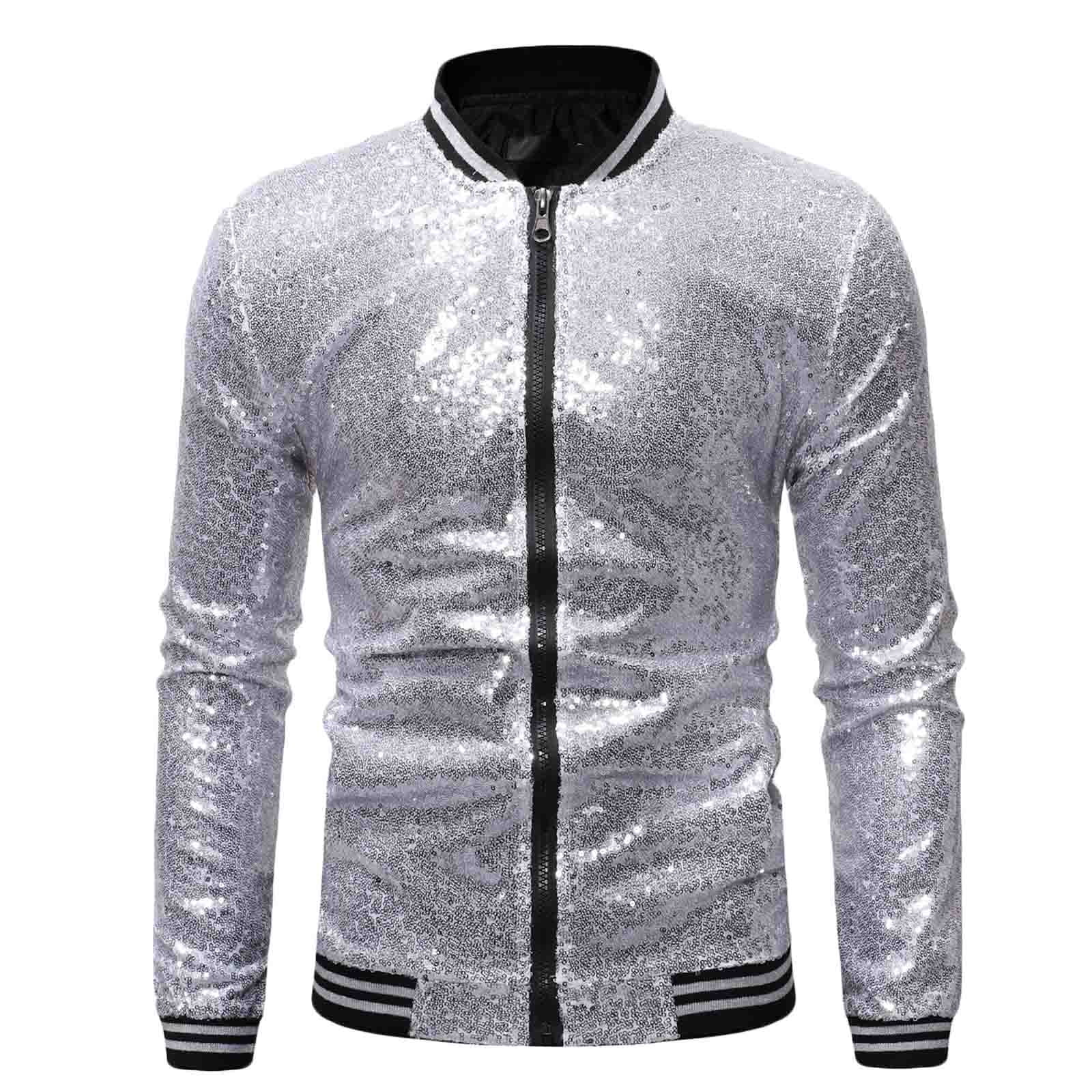 Njoeus Men's Sequin Shiny Clubwear Bomber Jacket Casual Long Sleeve ...