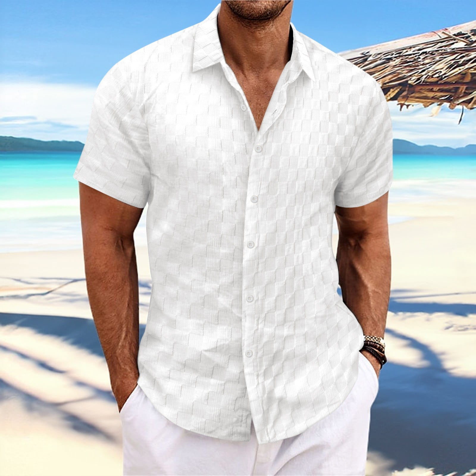 Njoeus Men's Shirts Stylish Textured Short Sleeve Hawaiian T-Shirt ...