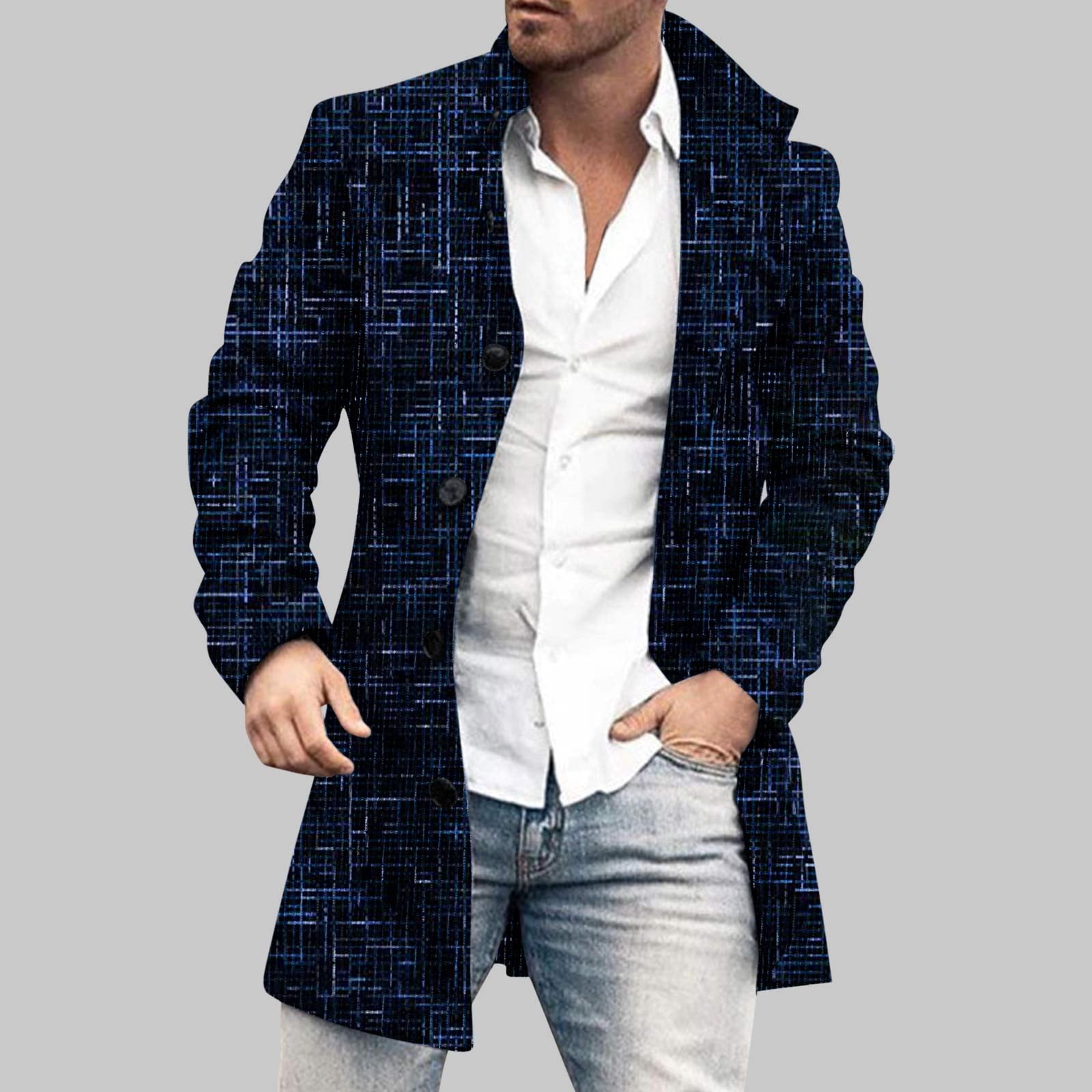Njoeus Men's Woolen Blends Trench Coat Printed Jacket Fall Winter Stand ...