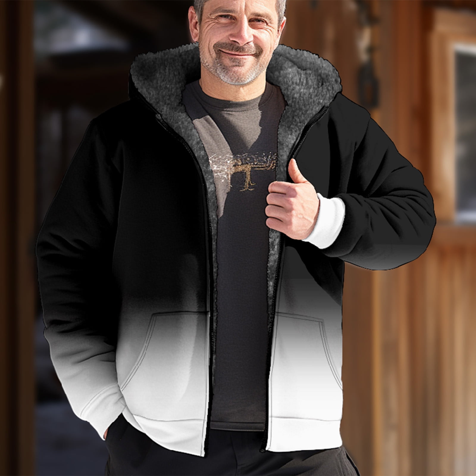Njoeus Mens Full Zip Hoodies Warm Thicken Fleeces Lined Jacket Color Block Sherpas Sweatshirt