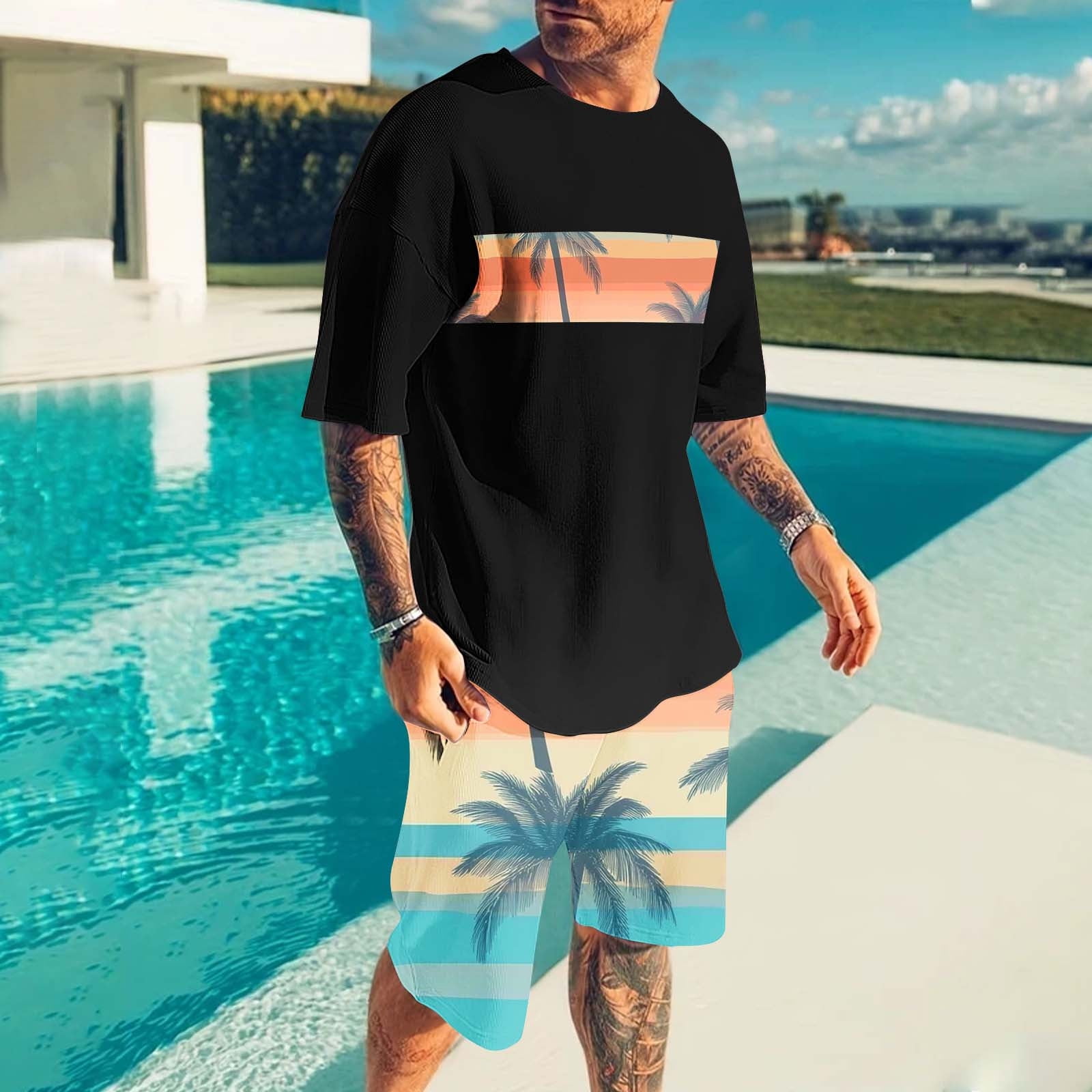 Njoeus Mens Hawaiian Short Sleeve Shirt Suits Tropical Printed 2 Piece ...