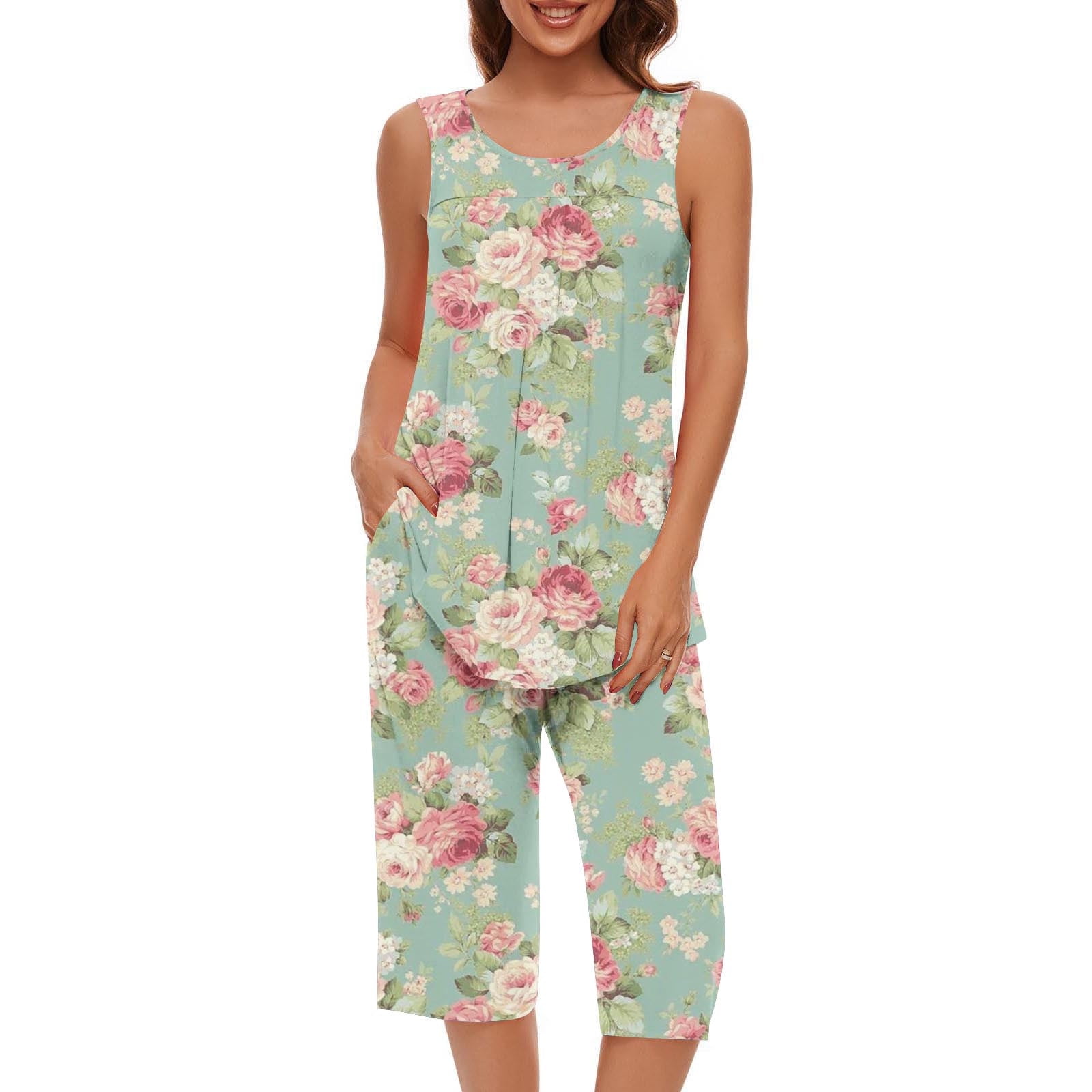 Njoeus Pajamas for Women Sleeveless Pjs Tank Top Capri Pants Pajama ...