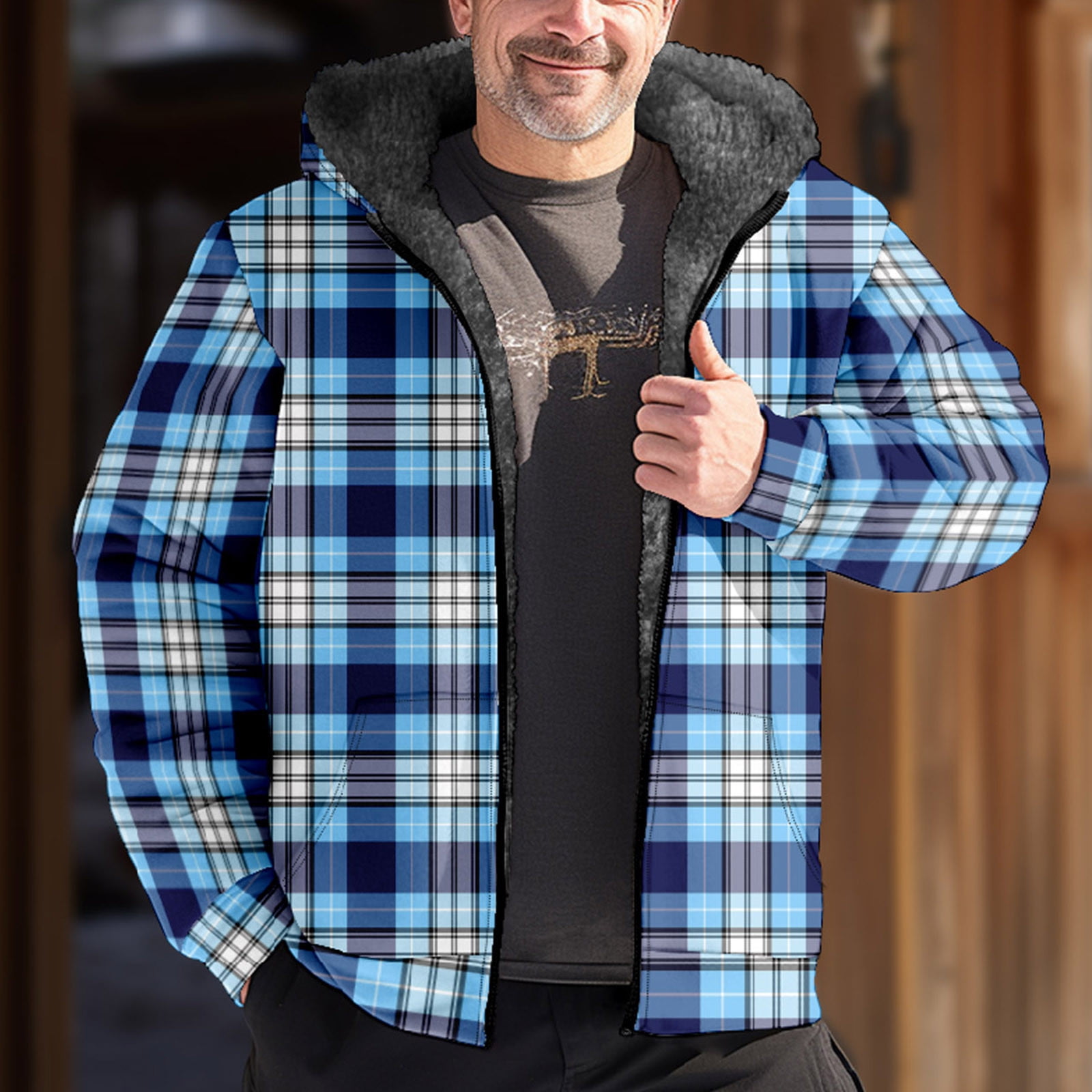 Njoeus Plaid Sherpas Hoodies For Men Heavy Weight Sweatshirt Full Zip Up Thicken Fleeces Lined
