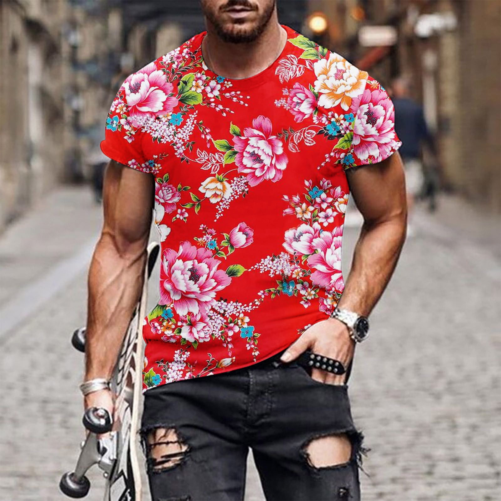 Njoeus T Shirts Men T Shirts for Man Men s Fashion Chinese Floral Print Tee Shirts Happy New Year Blouse Tops Casual Round Neck Short Sleeve T Shirt