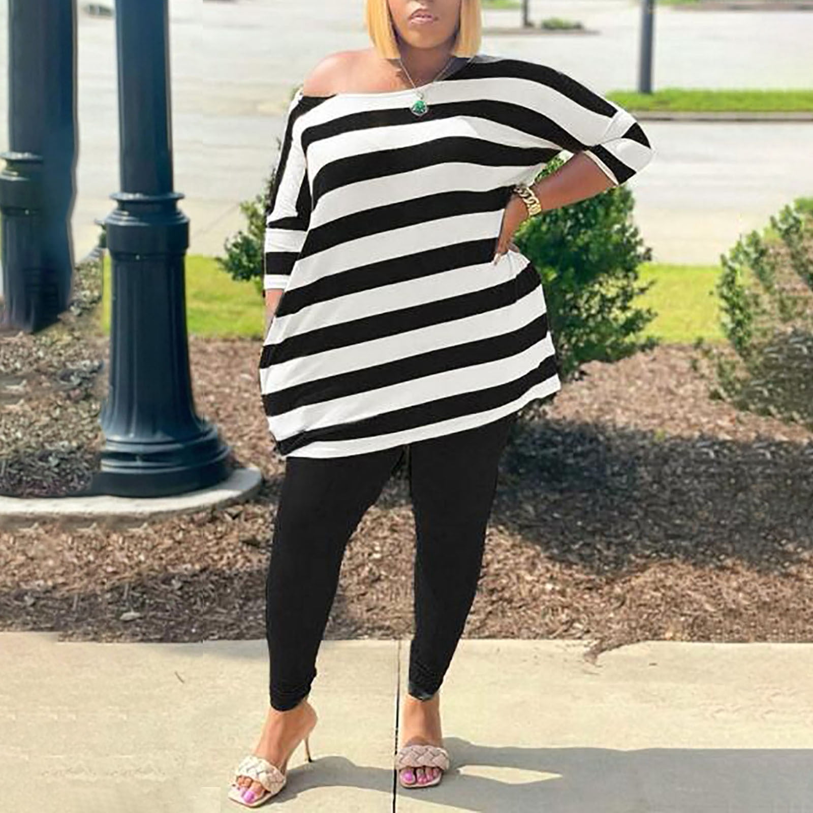 Njoeus Women Casual 2 Piece Outfits Off Shoulder Striped Oversized Top ...
