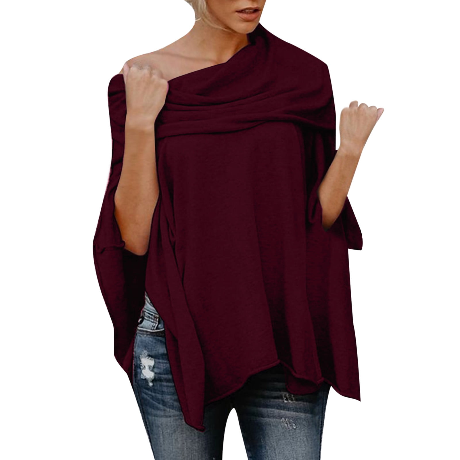 Njoeus Women Off Shoulder Tops Lrregular Hem Knit Shawls Tops Oversized ...