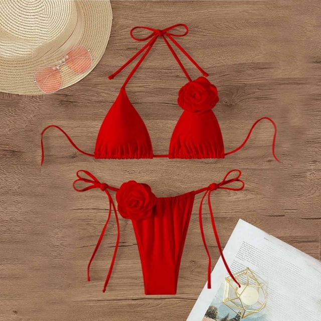Njoeus Women Rose Bikini Sets Women's String Two Piece Swimsuit Halters ...