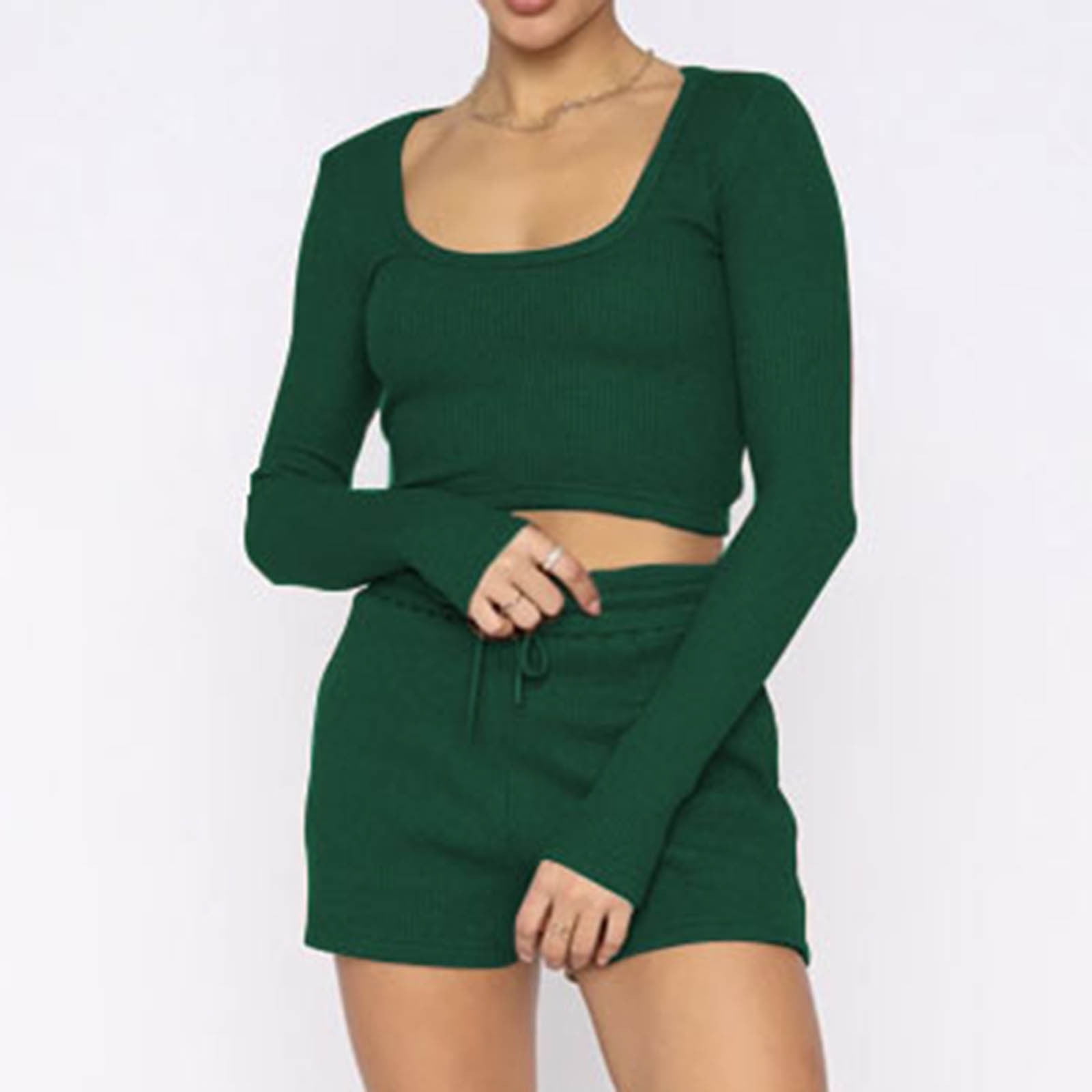 Njoeus Women's 2 Piece Gym Workout Set Seamless Ribbed Knit Long Sleeve ...