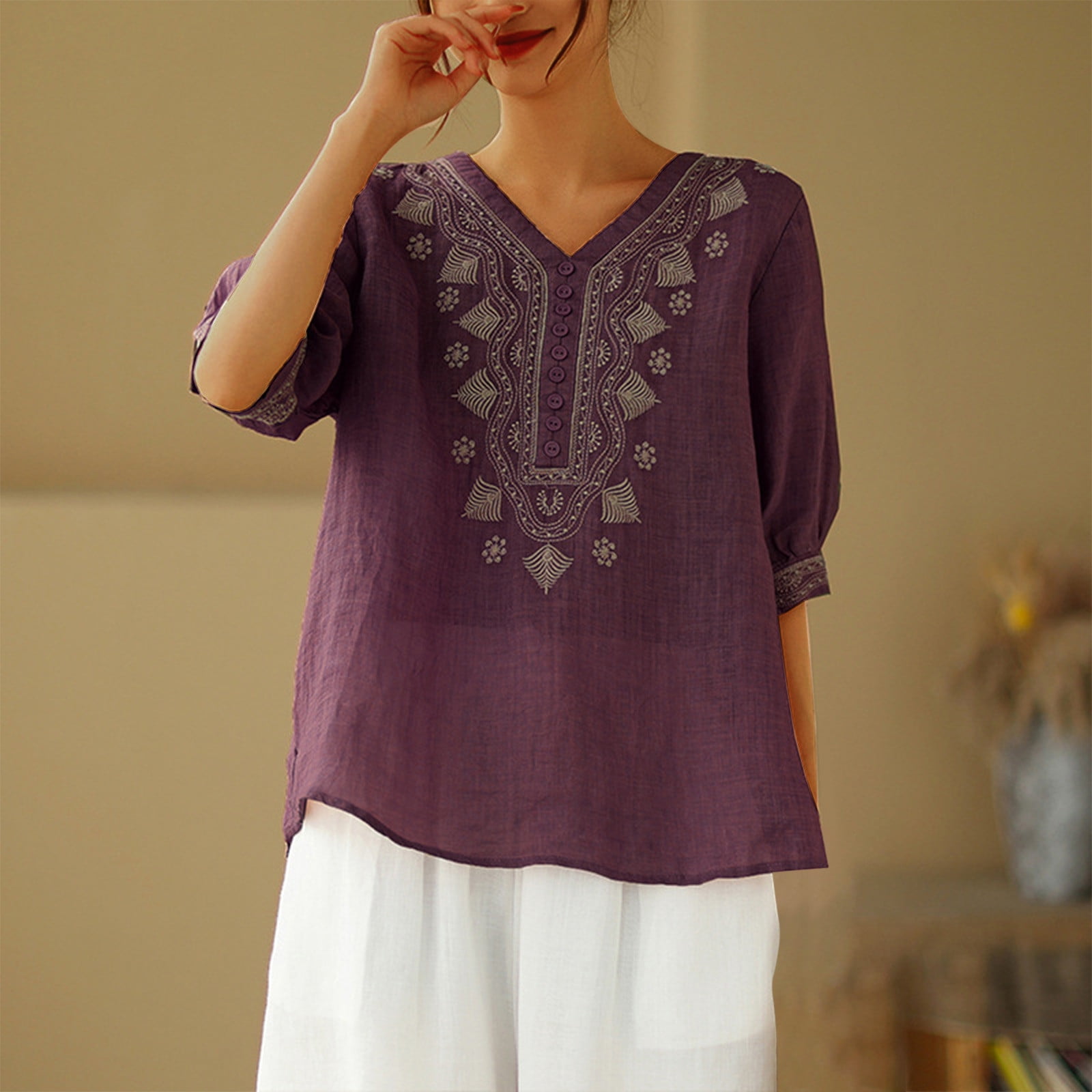 Njoeus Women's 3/4 Sleeve Embroidered Boho Shirts Summer Peasant Tops ...