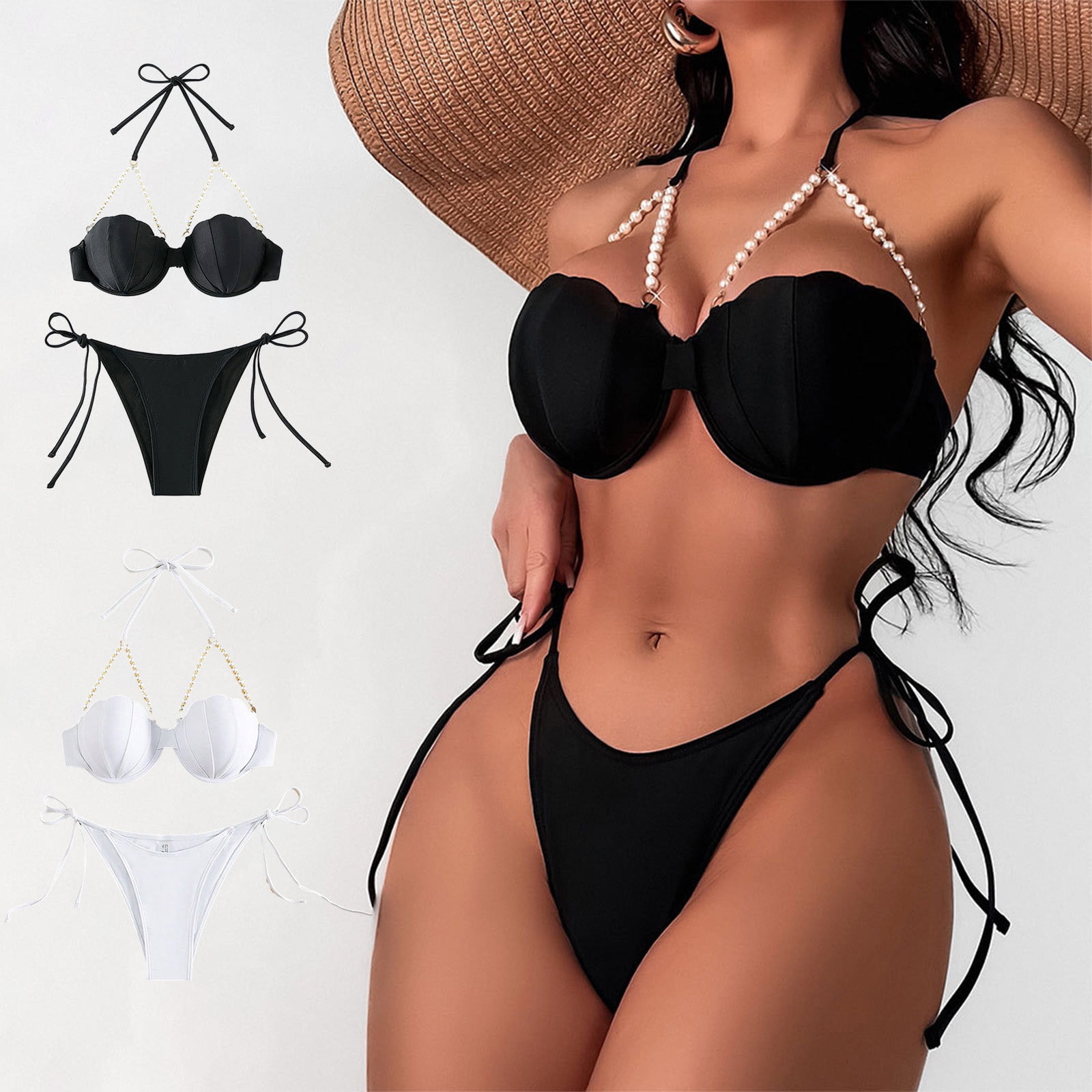 Njoeus Womens Bikini Sets Two Piece Swimsuits Halters Pearls Swimwear