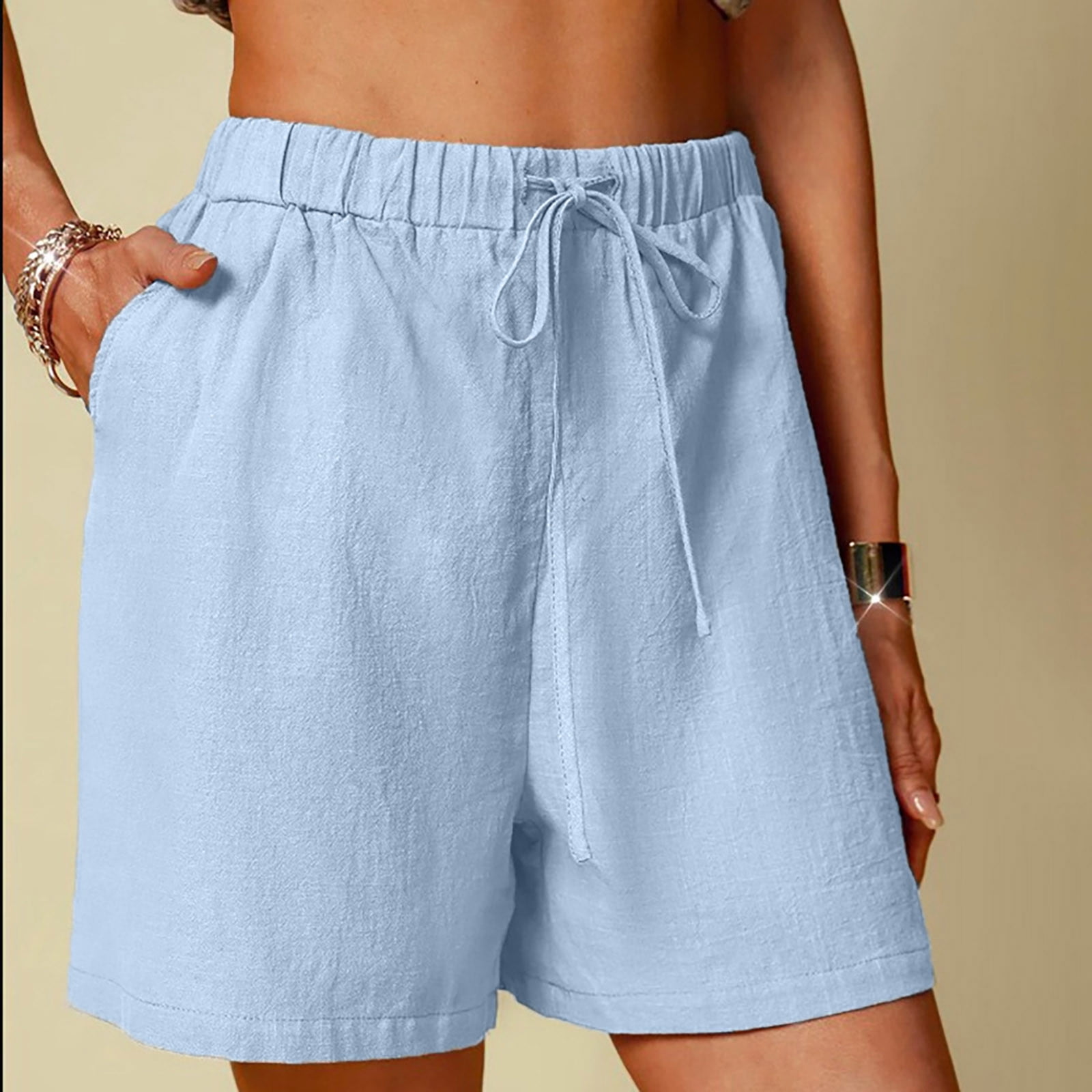 Njoeus Women's Cotton Linen Shorts, Elastic High Waist, Casual Summer ...