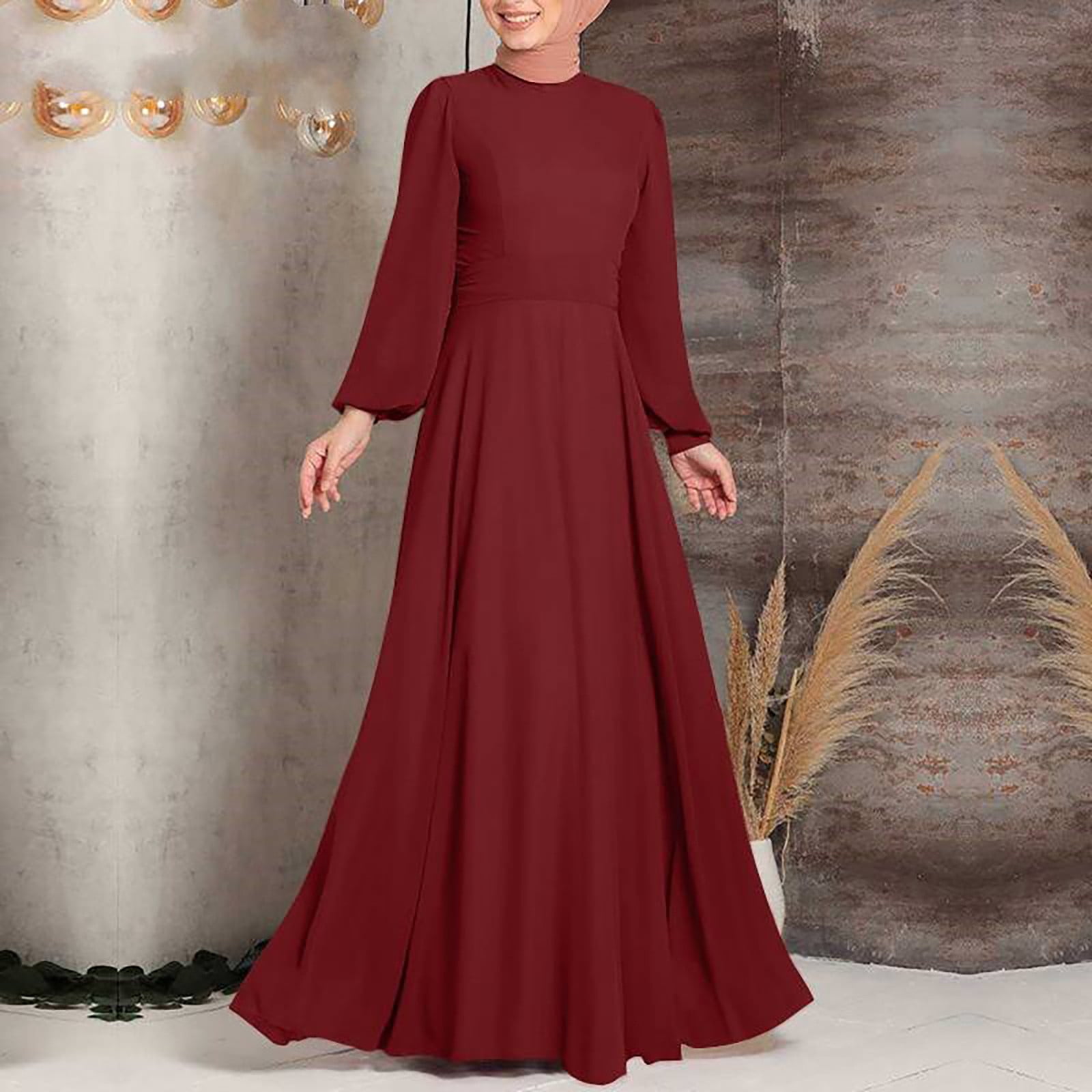 Njoeus Women's Elegant Long Sleeve Belted Muslim Dress Turtleneck Maxi ...