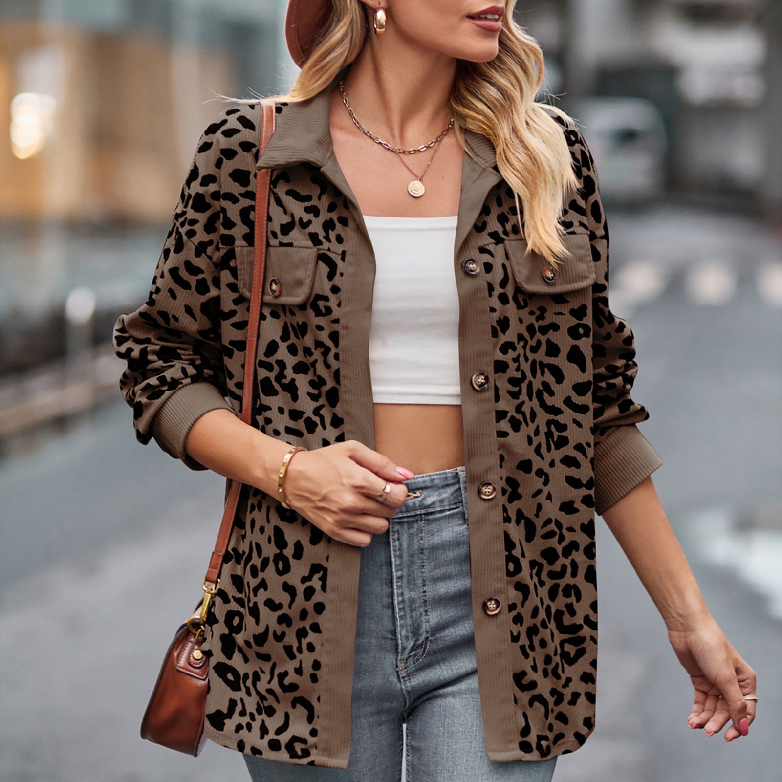 Njoeus Women's Leopard Print Corduroy Shirt Jacket Coat Casual Long ...