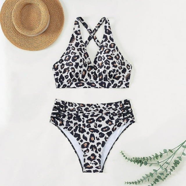 Njoeus Womens Plus Size Bikini Set Leopard Two Piece Swimsuit High