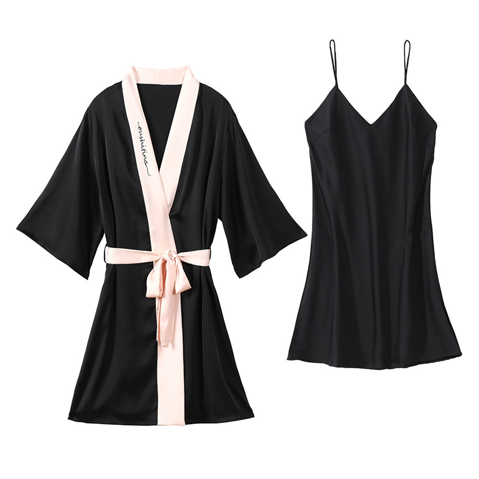 Njoeus Women's Silky Satin Pajamas Sets 2 Piece Plain Pjs Robe Set with ...
