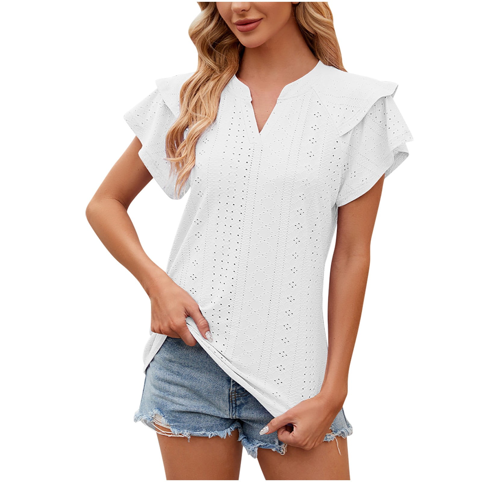 Njoeus Womens Dressy White Blouse V Neck Ruffle Short Sleeve T Shirt