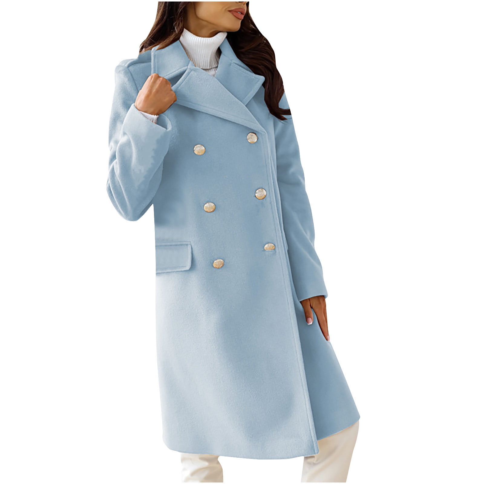 Njoeus Womens Notch Lapel Double Breasted Pea Coat Winter Mid Long Woolen Trench Coat Elegant