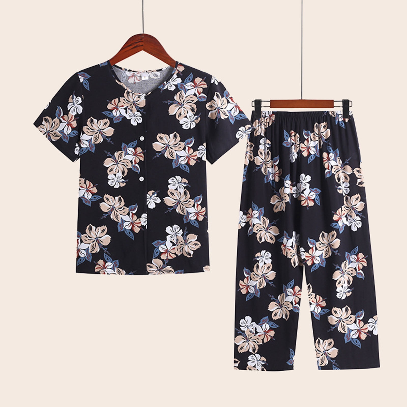 Njoeus Womens Pajama Sets, Women Floral Short Sleeve Button Up Shirts with Capris Pants Jogger ...