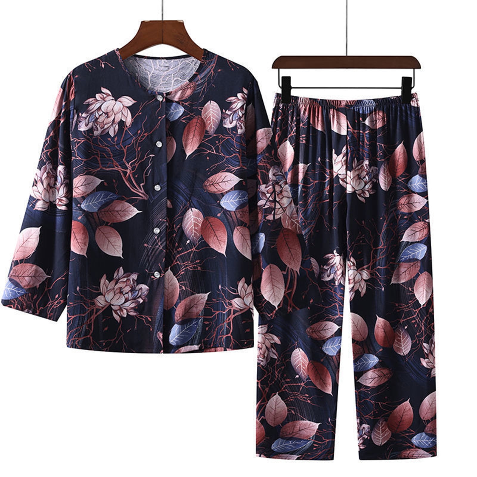 Njoeus Womens Plus Size Pajama Sets Long Sleeve Sleepwear Shirt and Capris Pants Pajamas for ...