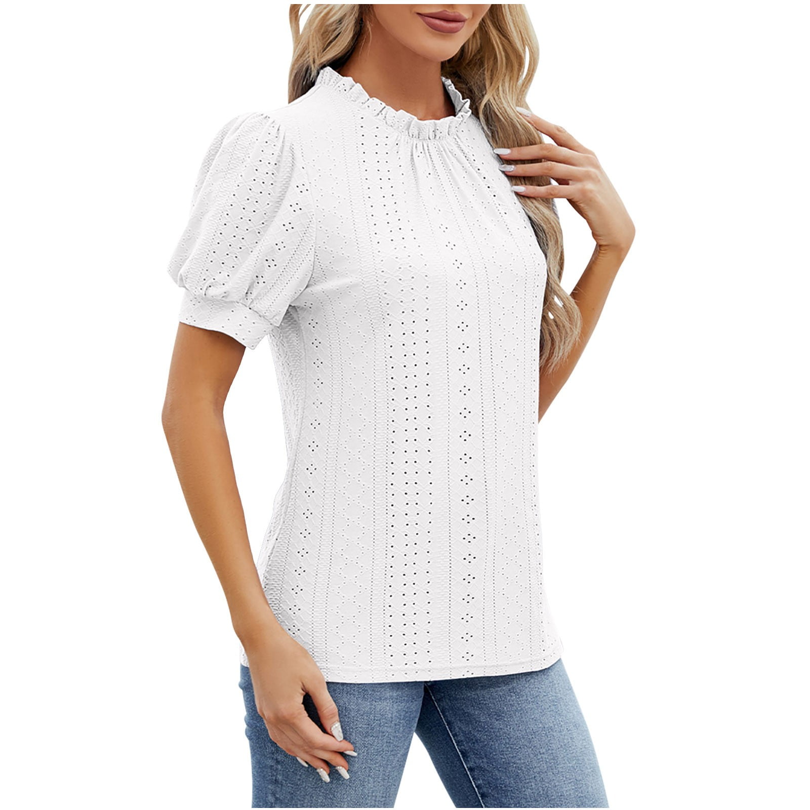 Njoeus Womens Summer Short Sleeve Work Dressy Blouse Plain Eyelet T