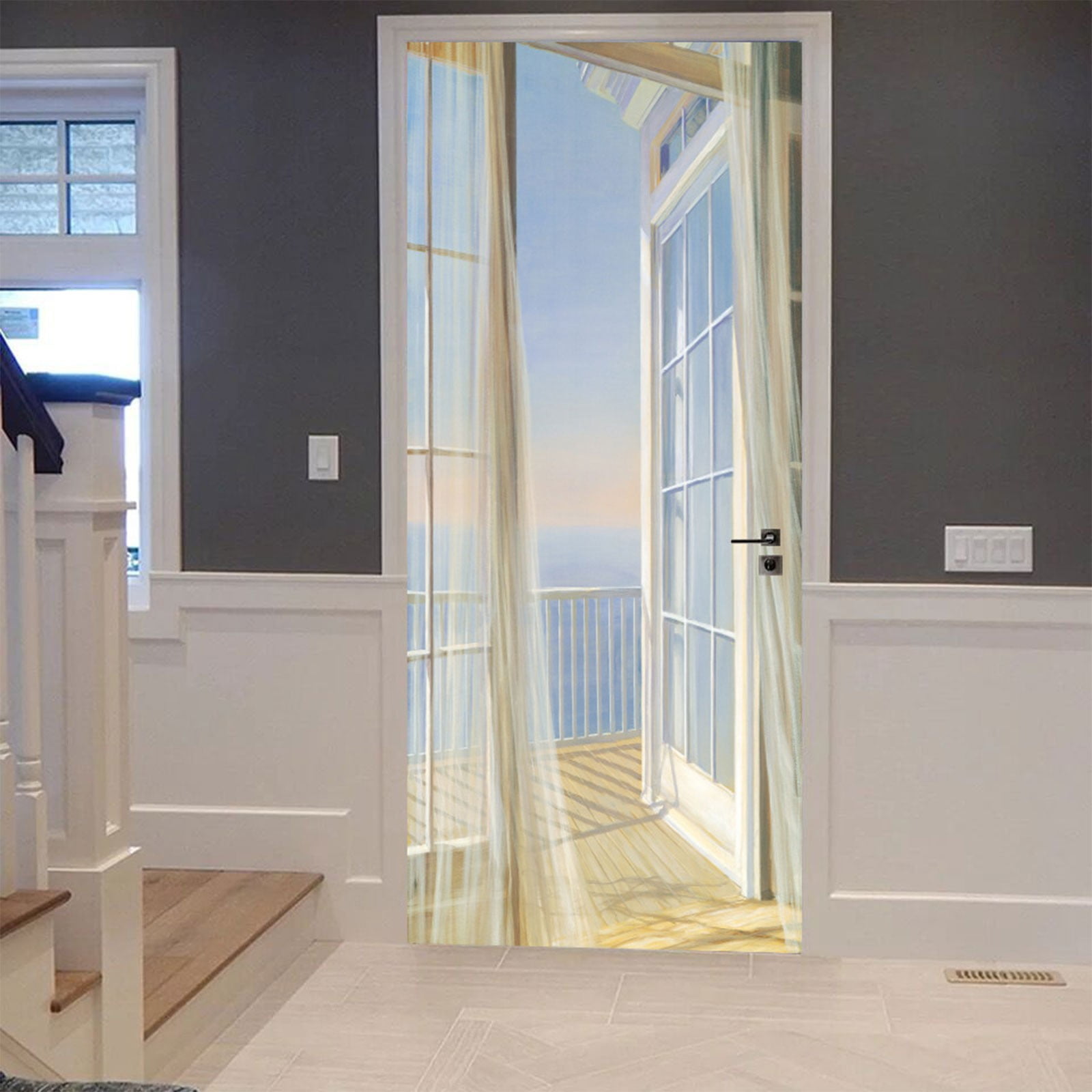 Njspdjh Realistic Balcony Window Curtain 3D Door Sticker Removable Wall ...