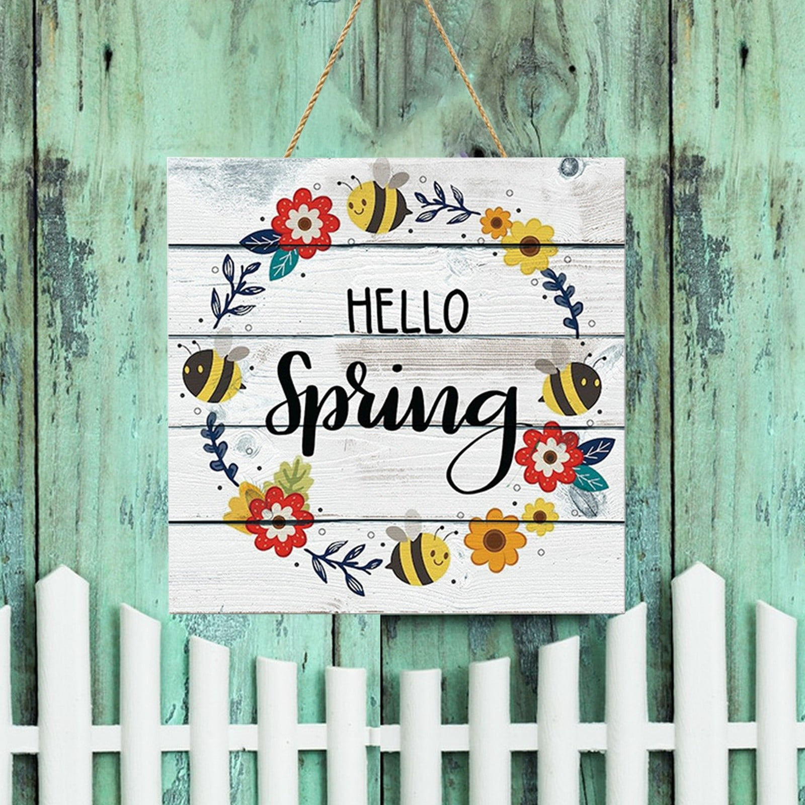Njspdjh Spring Wreath Hellowelcome Logo Wooden Signboard Front Door ...