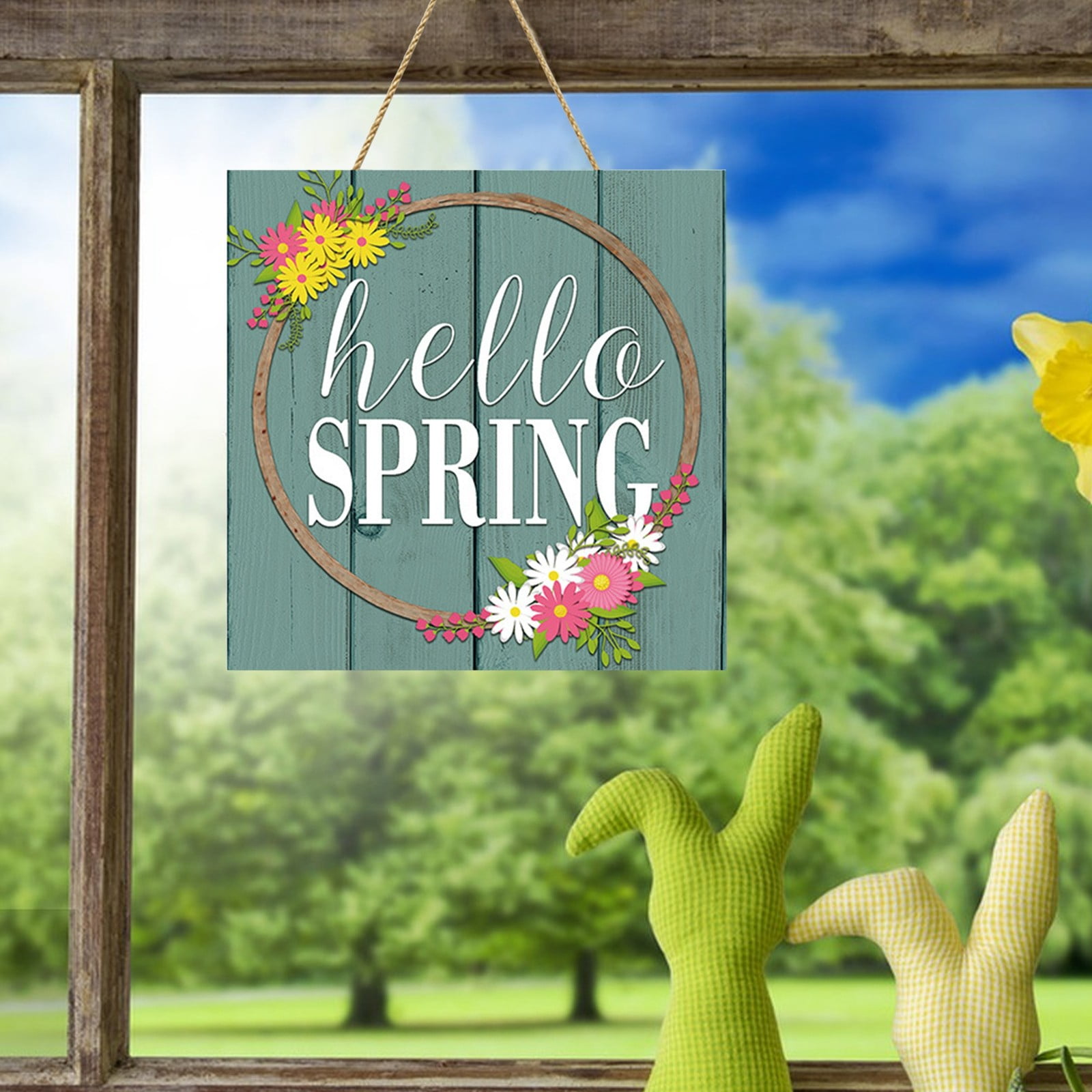 Njspdjh Spring Wreath Hellowelcome Logo Wooden Signboard Front Door ...