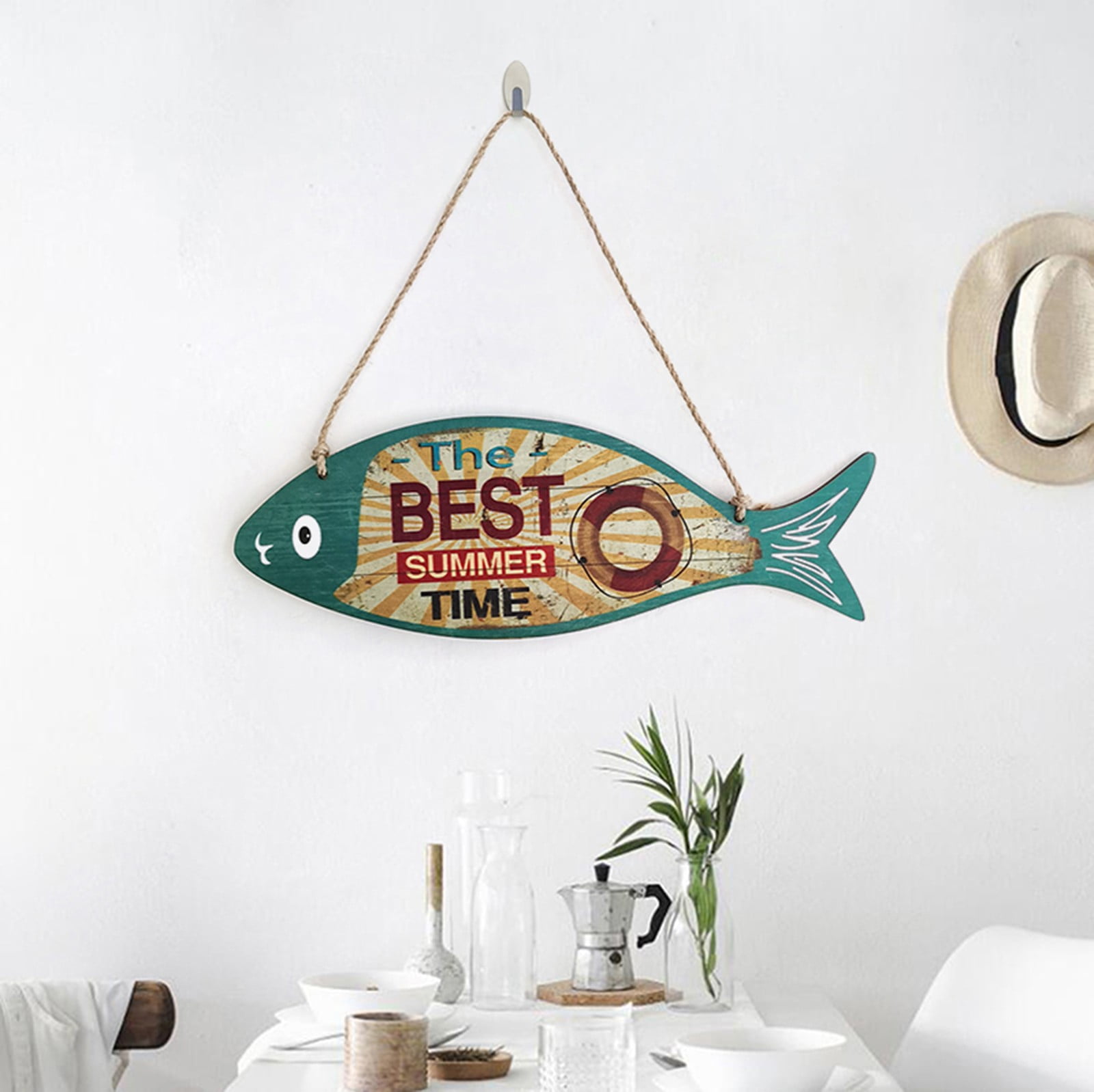 Njspdjh Summer Wooden Fish Welcome Sign Nautical Wall Art Decor Hanging ...